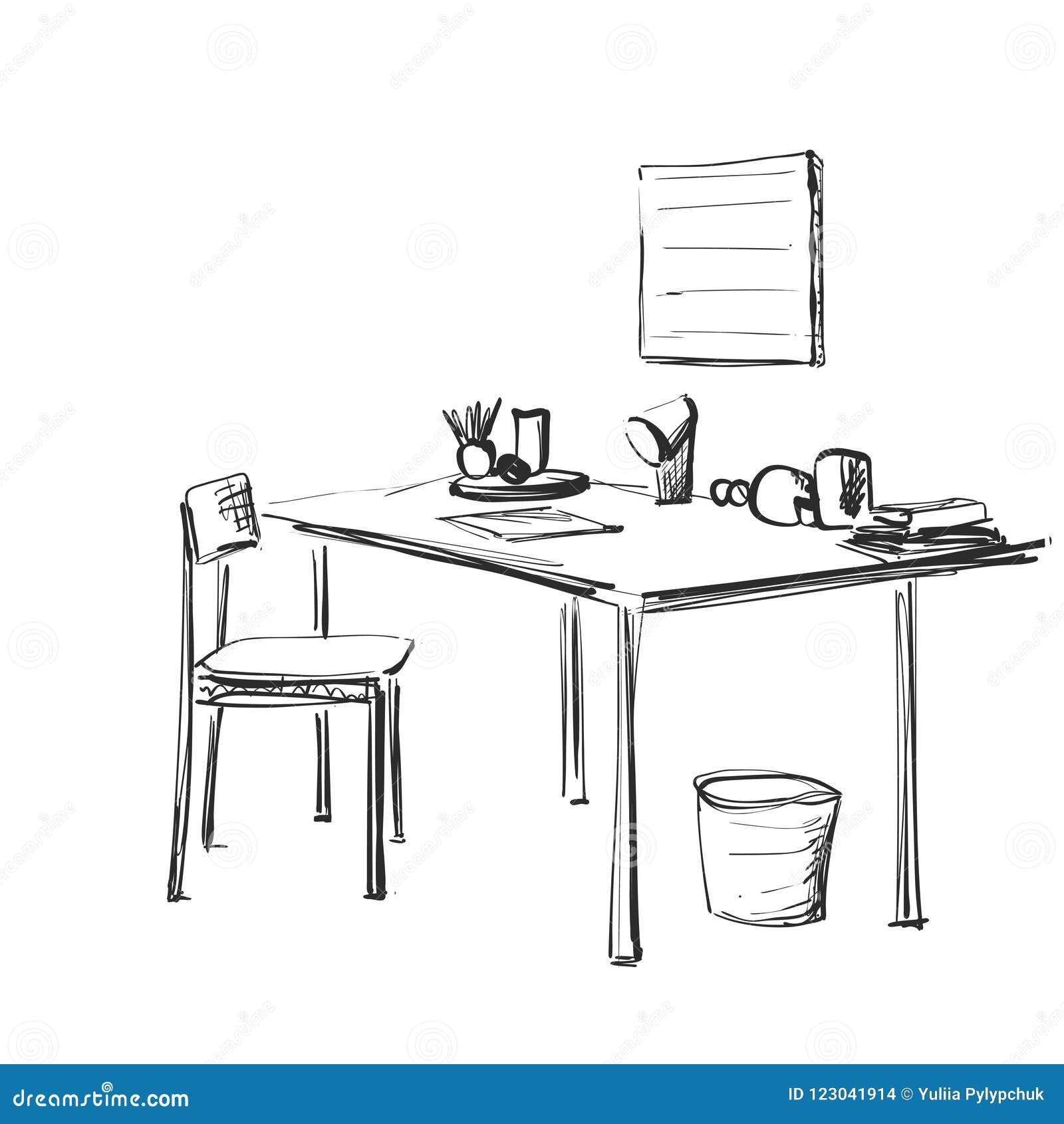 Table with Paper and Workplace Drawn by Hand Doodle Style. Vector ...
