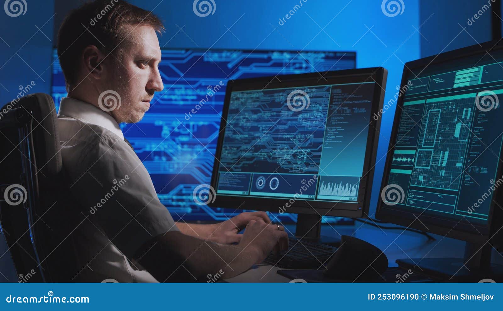 Workplace of an Engineer Developing a Microchip. Professional Coder ...