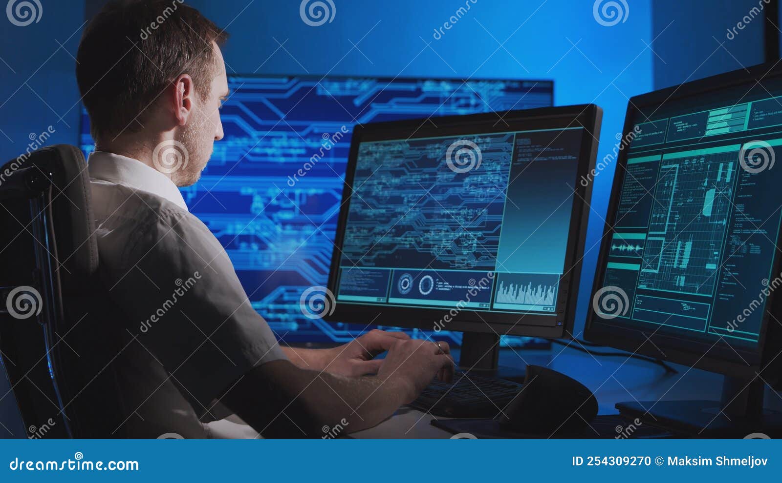 Workplace of an Engineer Developing a Microchip. Professional Coder ...