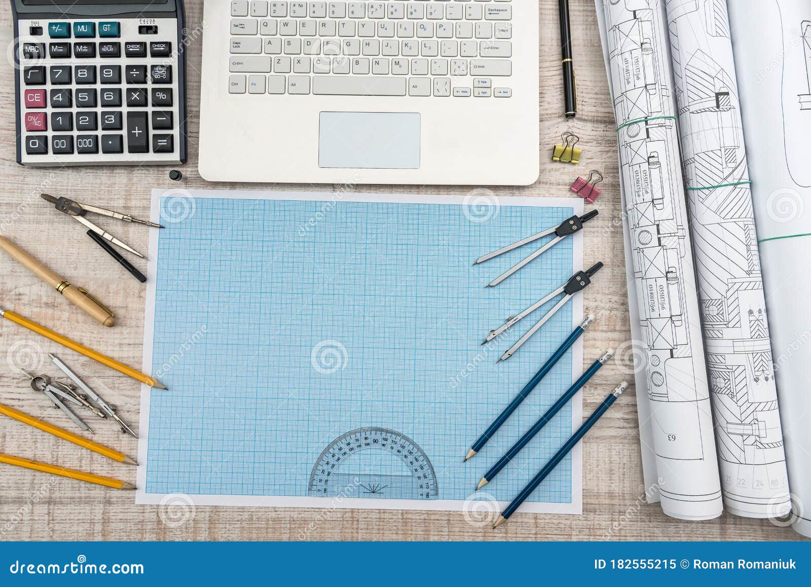 Workplace of Engineer. Top View of Laptop, Notepad, and Drawing Tools ...