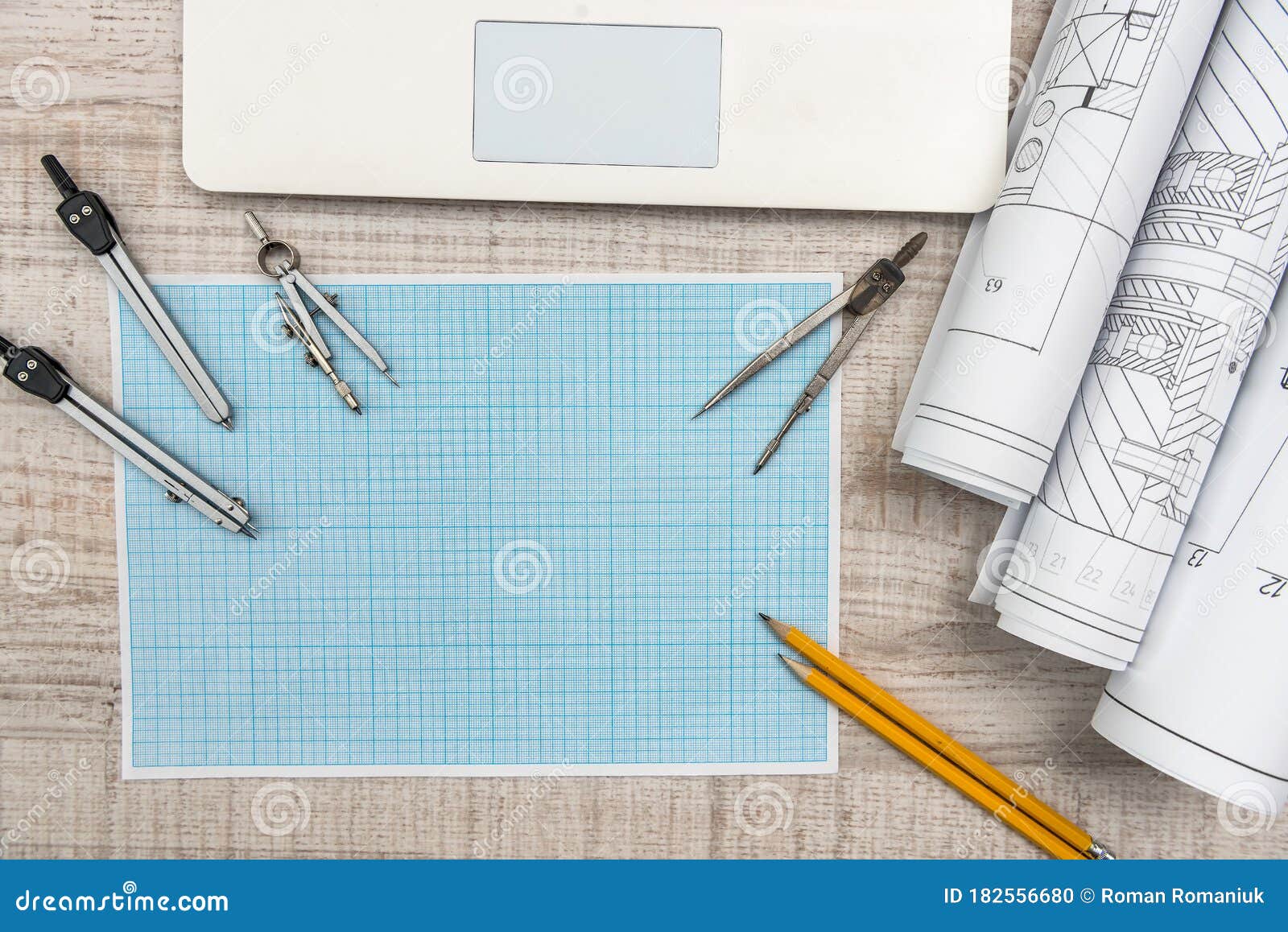 Workplace of Engineer. Top View of Laptop, Notepad, and Drawing Tools ...