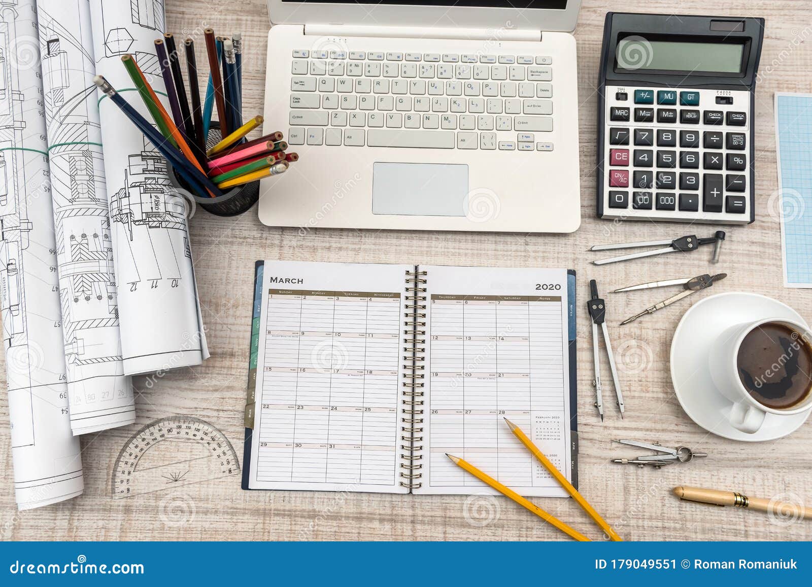 Workplace of Engineer. Top View of Laptop, Notepad, and Drawing Tools ...