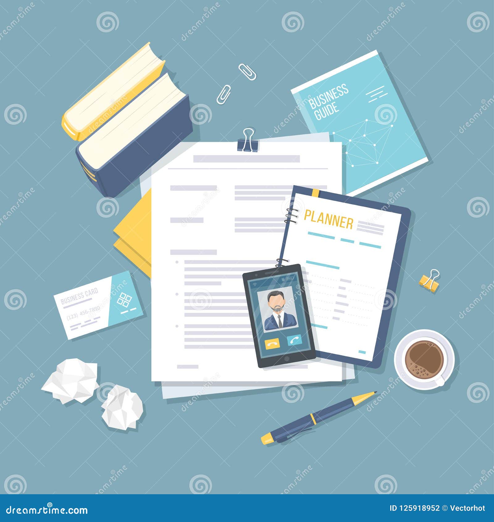 Workplace with Financial Documents, Planner, Books, Business Card ...