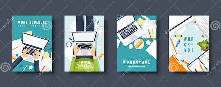 Workplace Flat Style Covers Set. Laptop, Documents and Papers ...