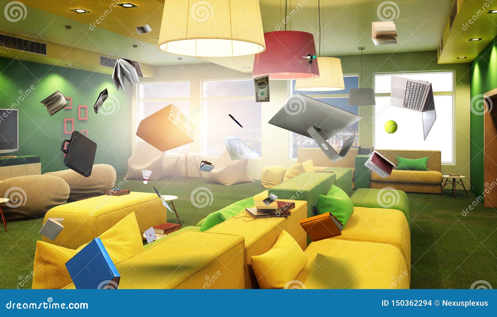 Workplace with Flying Objects Stock Illustration - Illustration of ...
