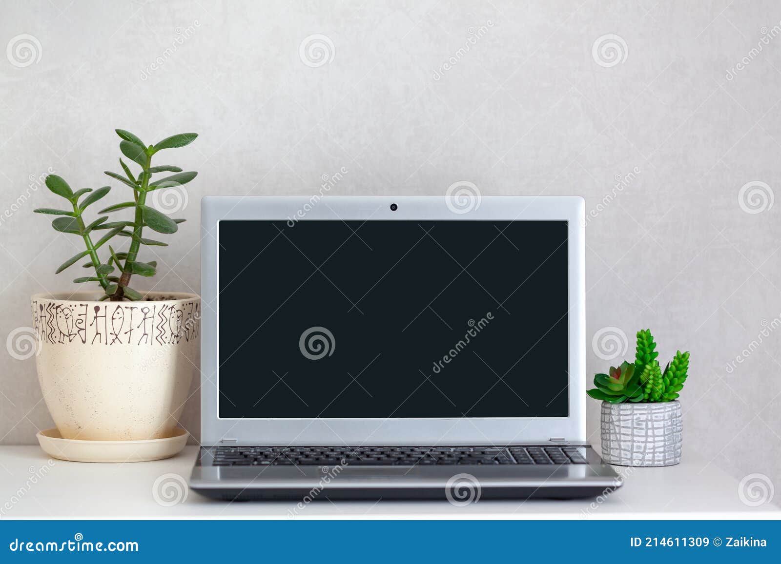 Workplace Freelance Desktop with Open Laptop Computer and House Plants ...