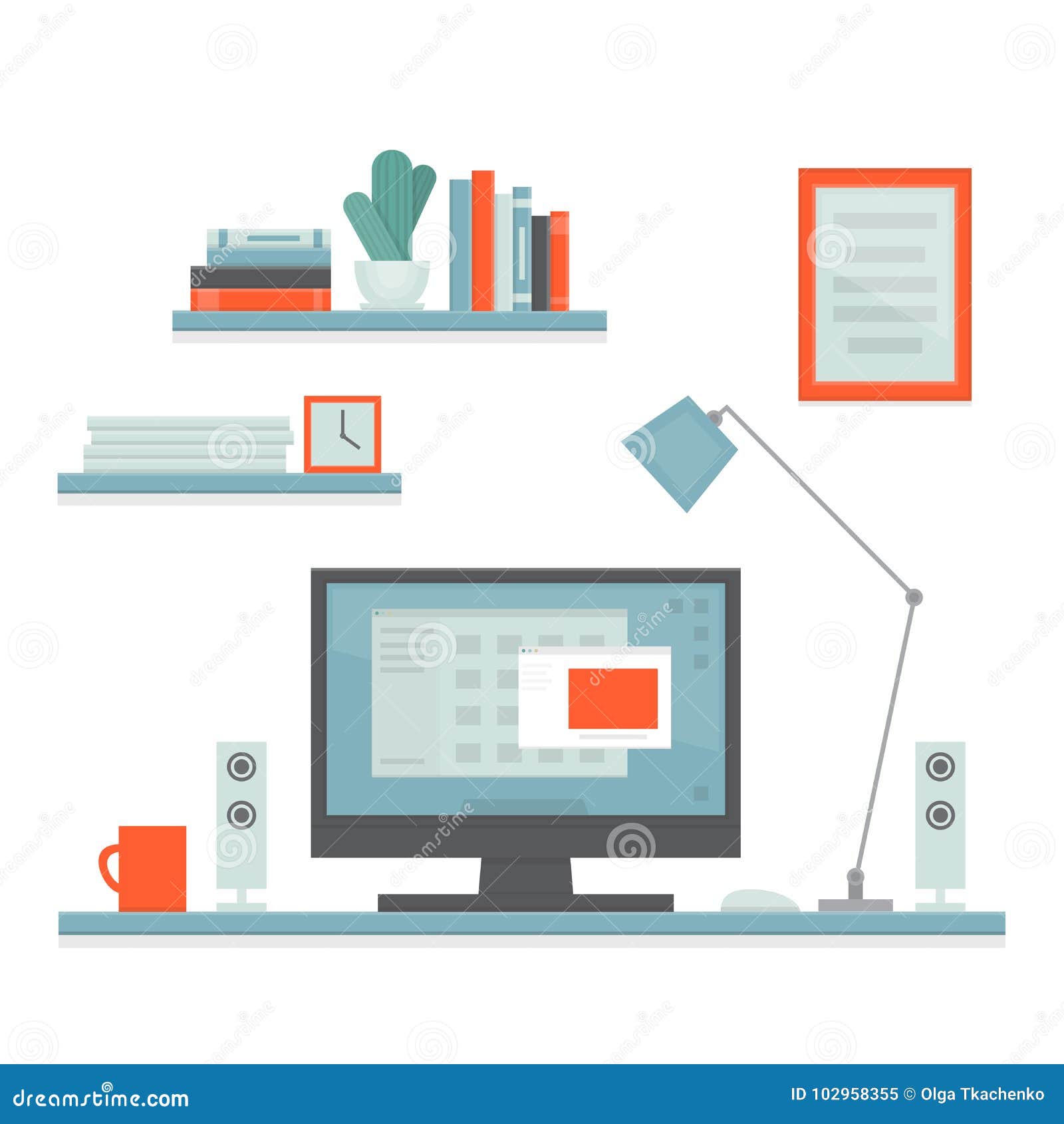 Workplace Freelancer with Desk, Computer, Shelves and Equipment. Stock ...