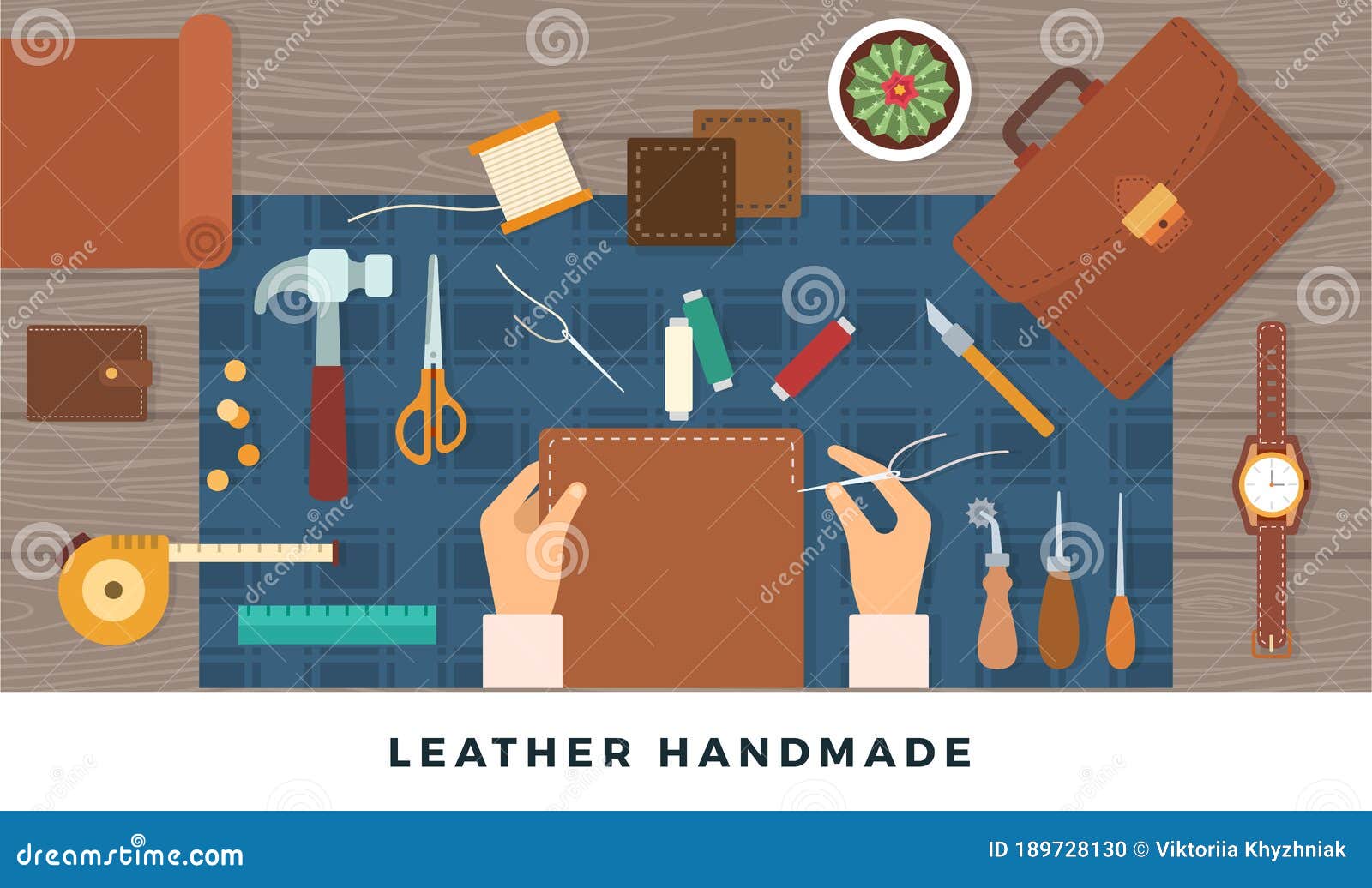 Workplace for Handmade Leather Goods. Vector Flat Illustration. Table ...