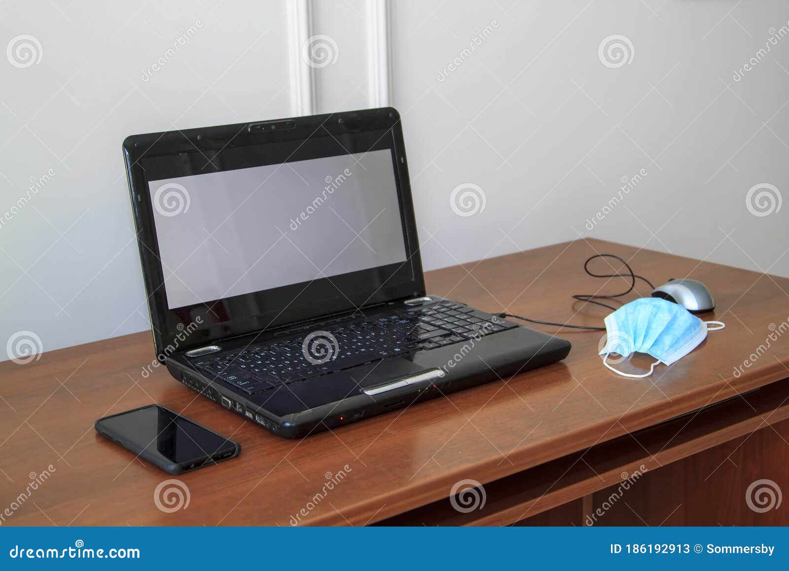 Workplace at Home for Remote Work in New Normal with Laptop and Face ...