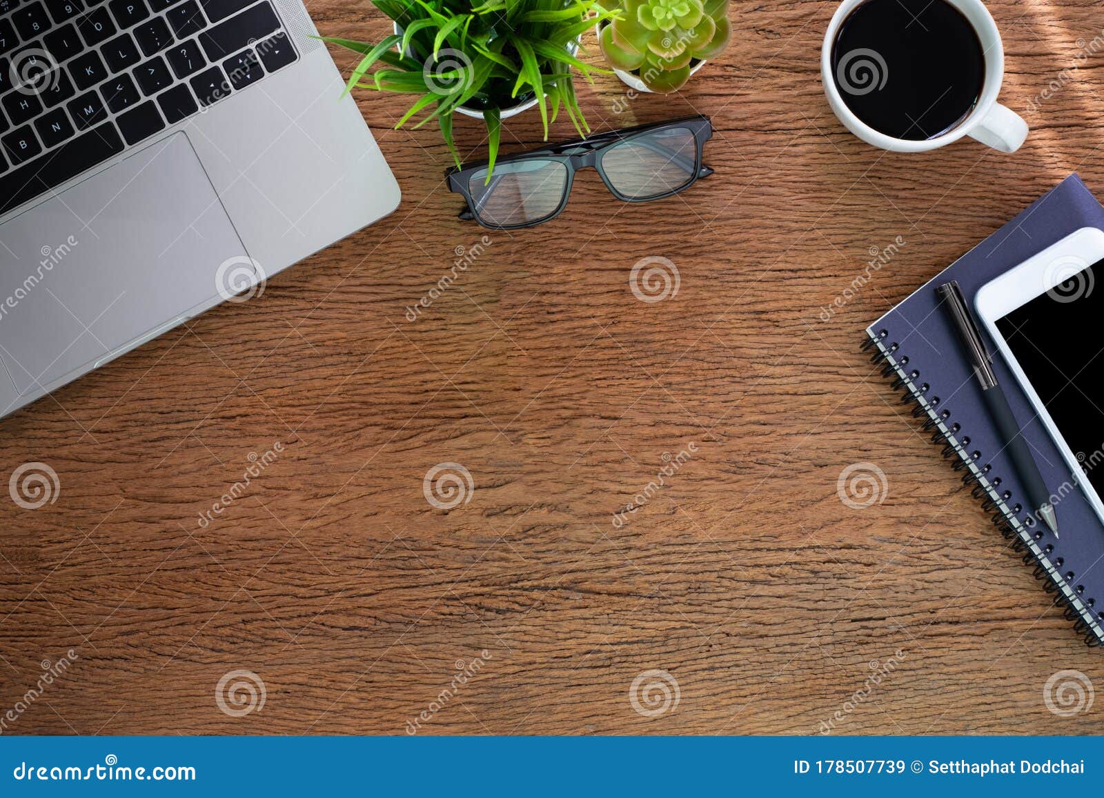 Workplace at Home with Wood Table. Top View from Above of Laptop with ...