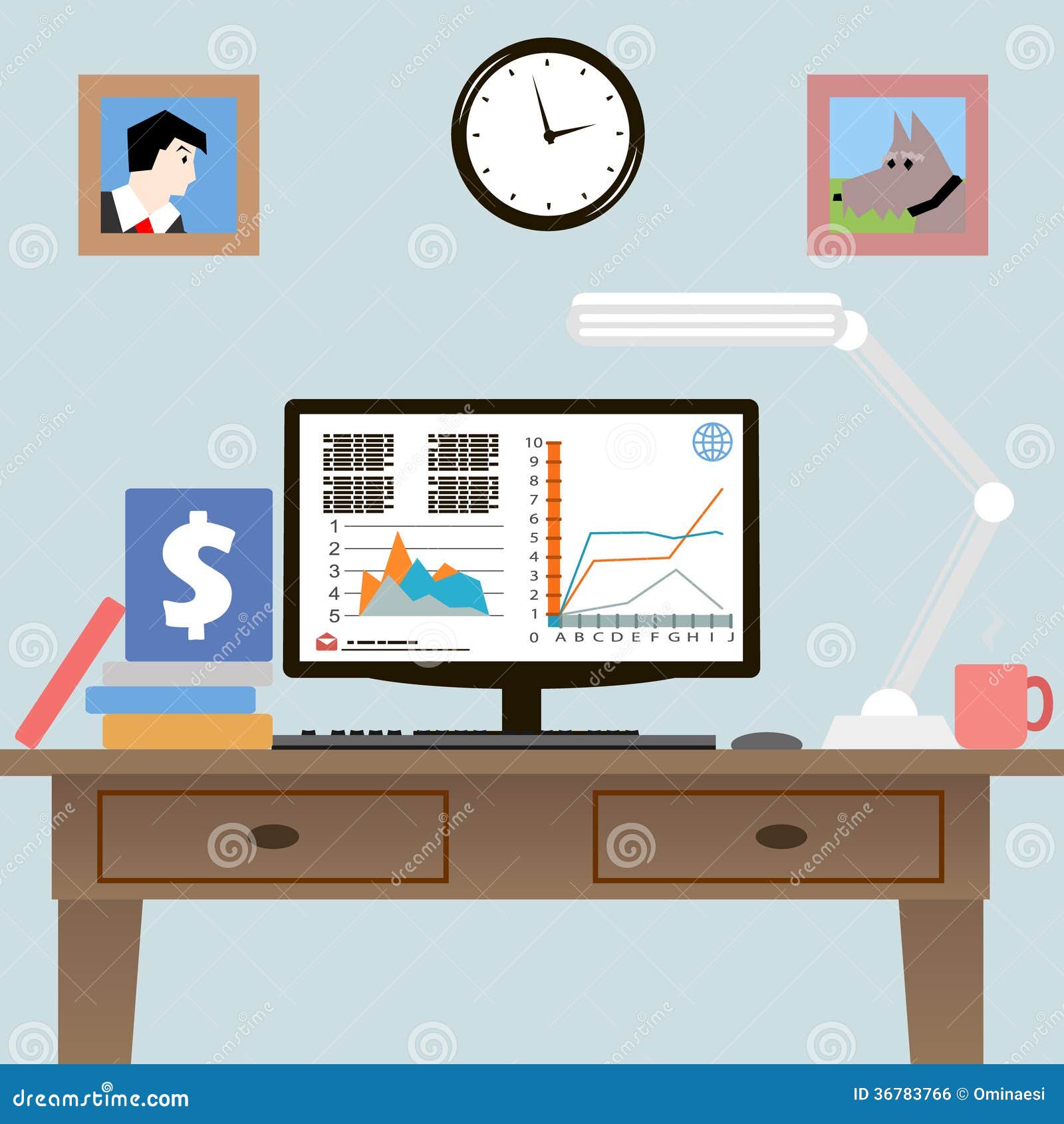 Workplace with Infographic in Flat Design Style Stock Vector ...