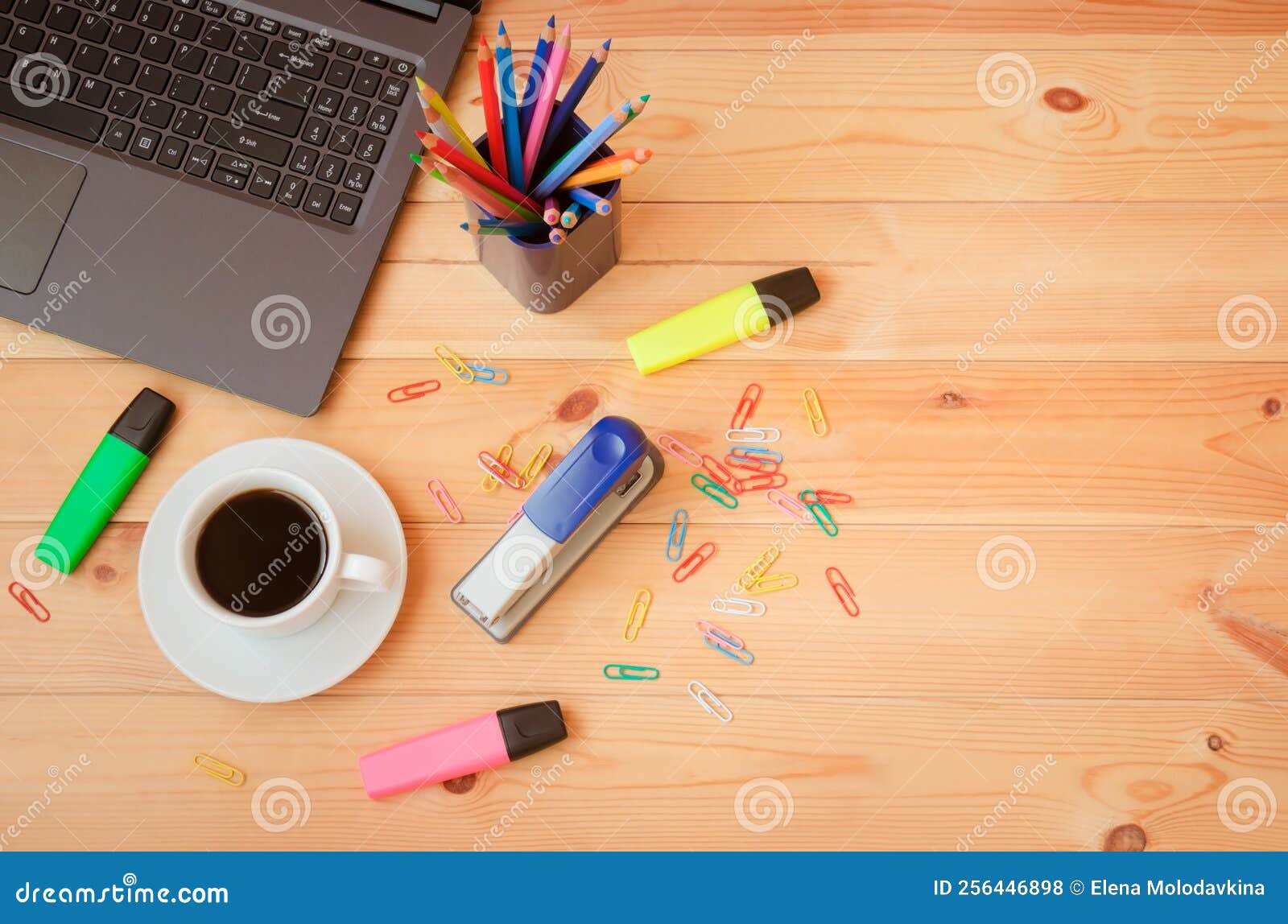 Keyboard, Coffee Cup and Office Supplies on Wooden Table. Top View ...