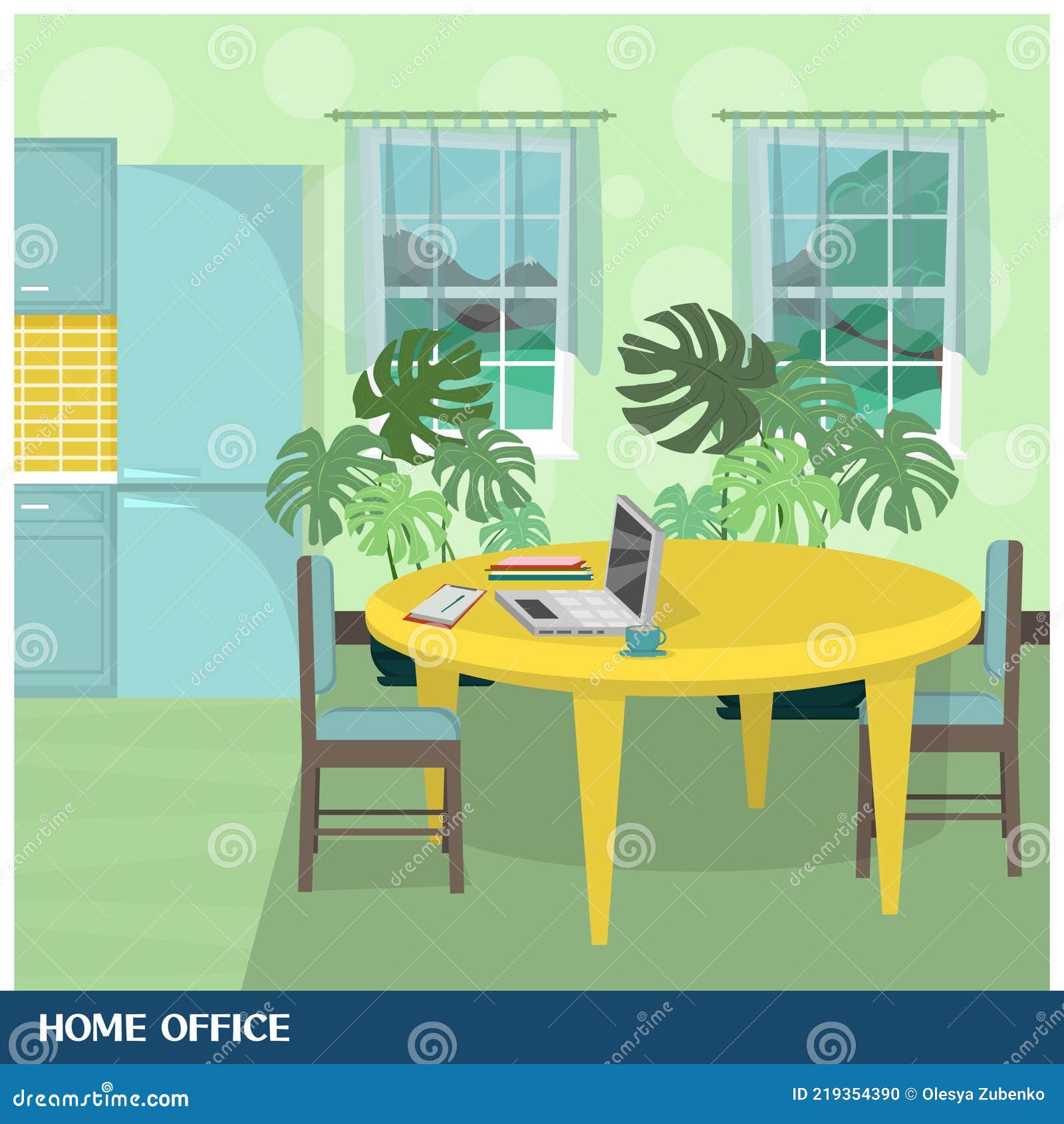 Workplace in the Kitchen. Freelance Work. Cozy Kitchen with Windows ...