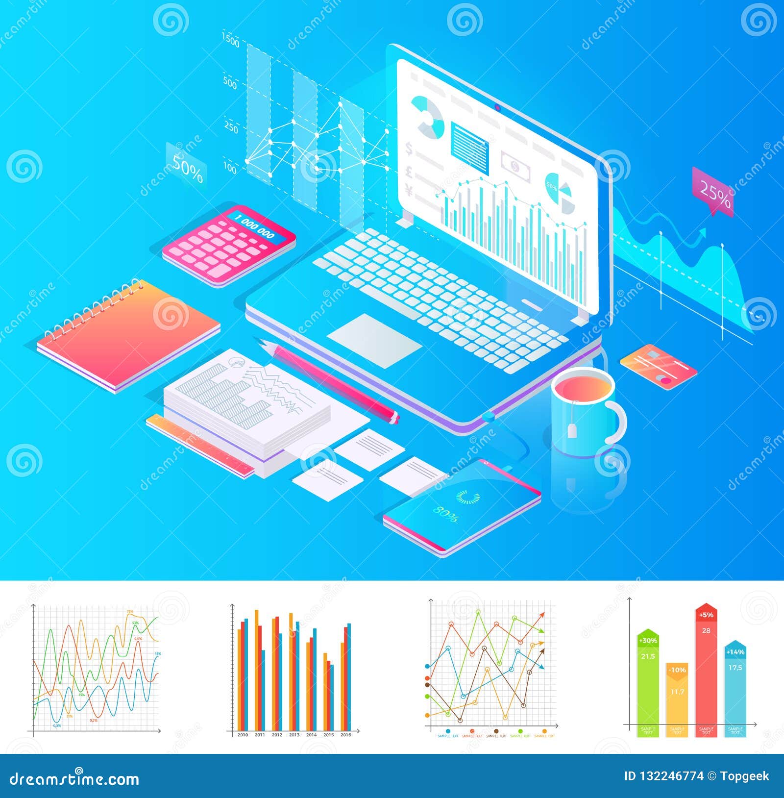 Workplace with Laptop with Charts and Extra Stuff Stock Vector ...