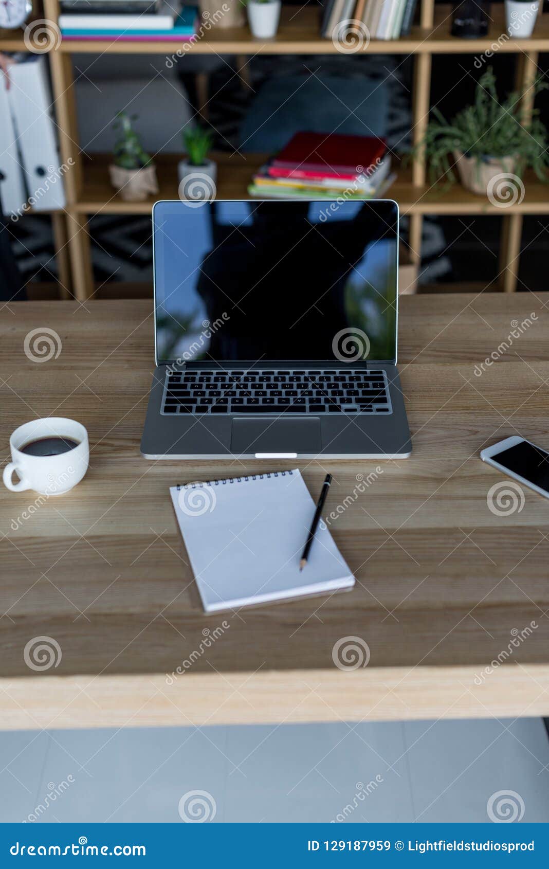 Workplace with Laptop Computer and Blank Notepad Stock Image - Image of ...