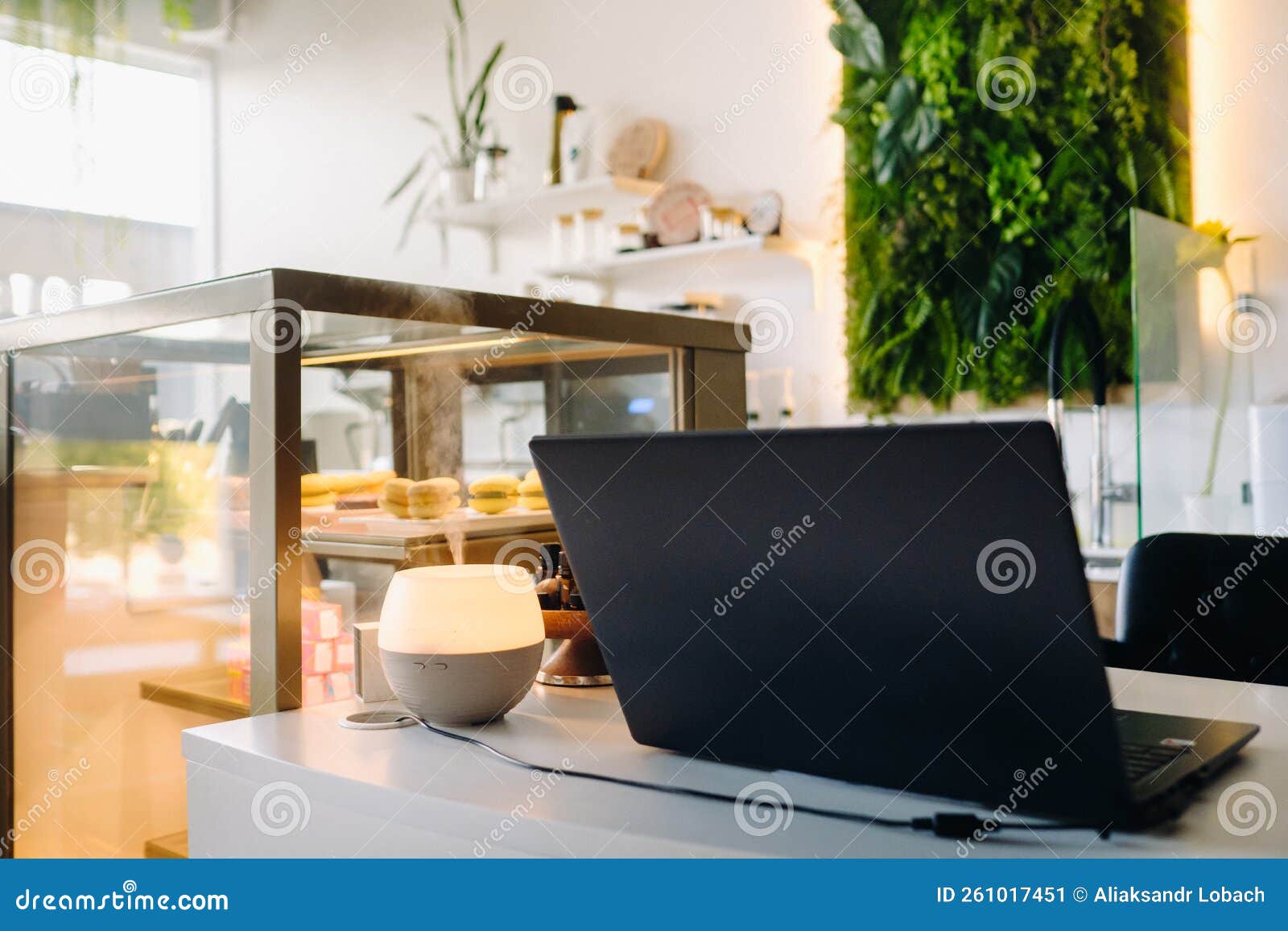 Workplace, a Laptop Computer is on the Desktop in the Hall ...