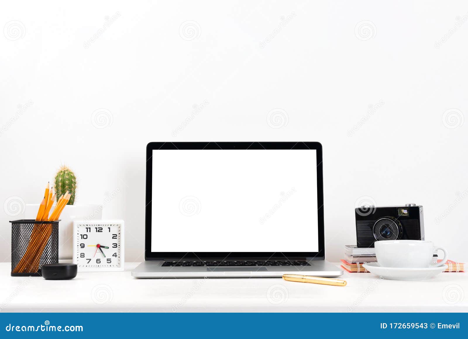 Workplace with Laptop Computer White Blank Screen on Work Table Stock ...