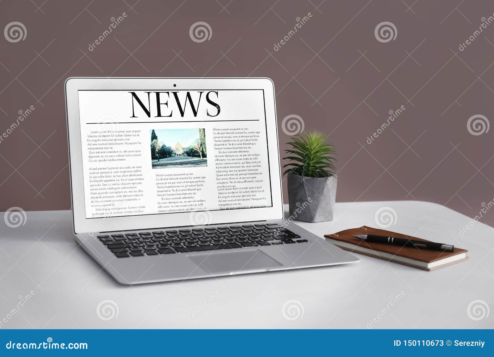 Workplace with Laptop and News on Screen Stock Image - Image of ...
