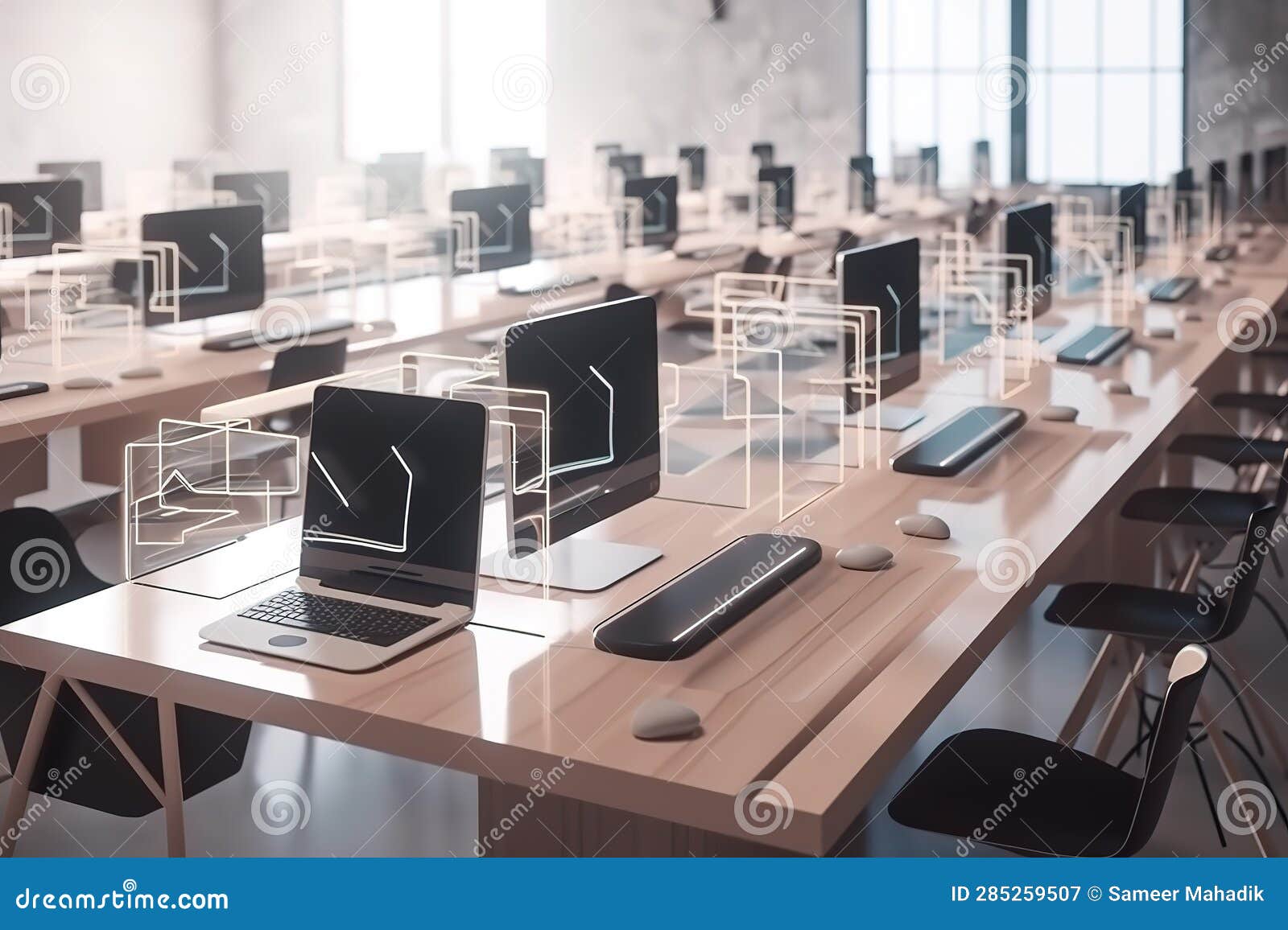 Workplace with Laptops on the Table and Windows Everywhere. Generator ...