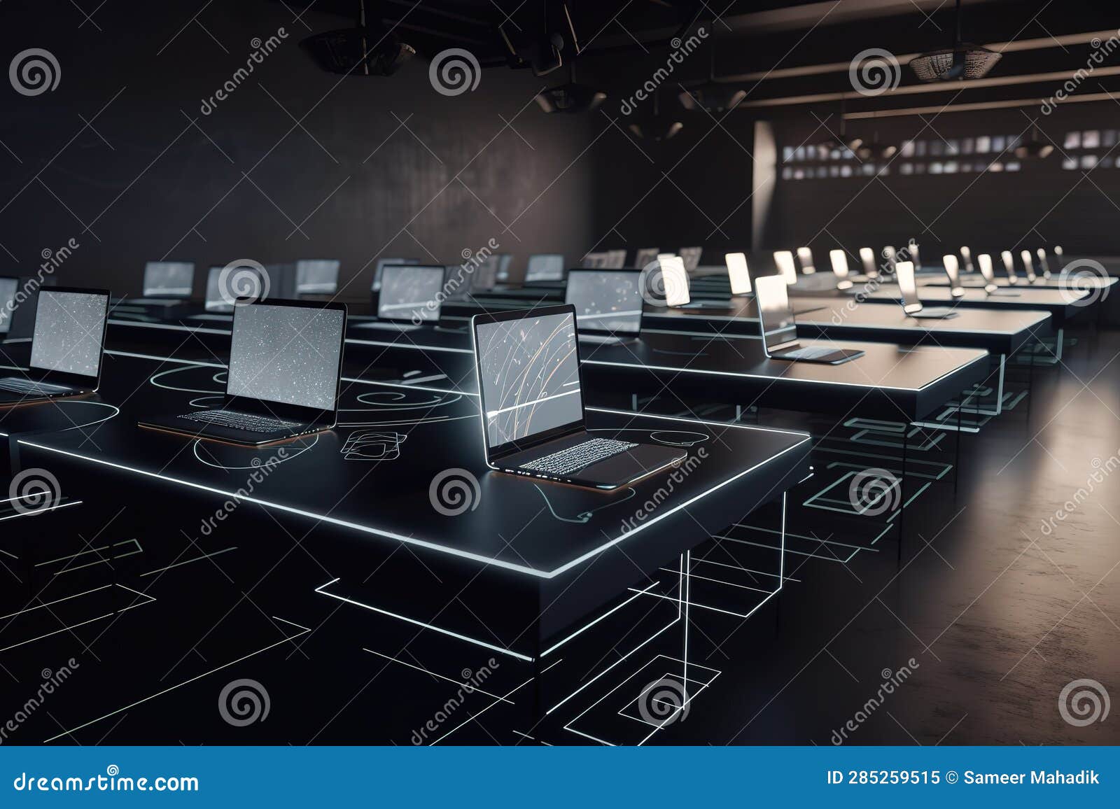 Workplace with Laptops on the Table and Windows Everywhere. Generator ...