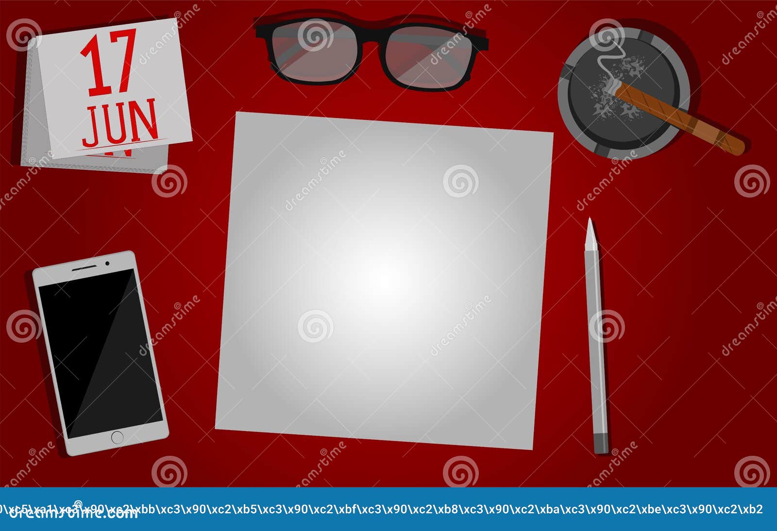Workplace of a Man, Red Table Stock Vector - Illustration of glasses ...