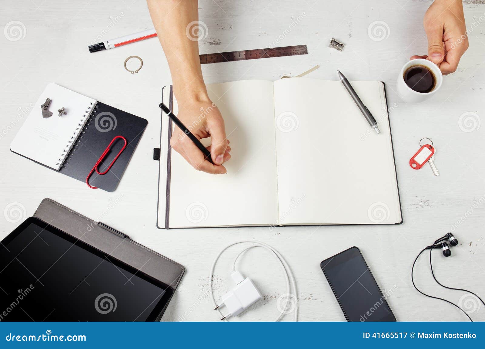 Workplace. Man Working on Notepad Stock Image - Image of document ...