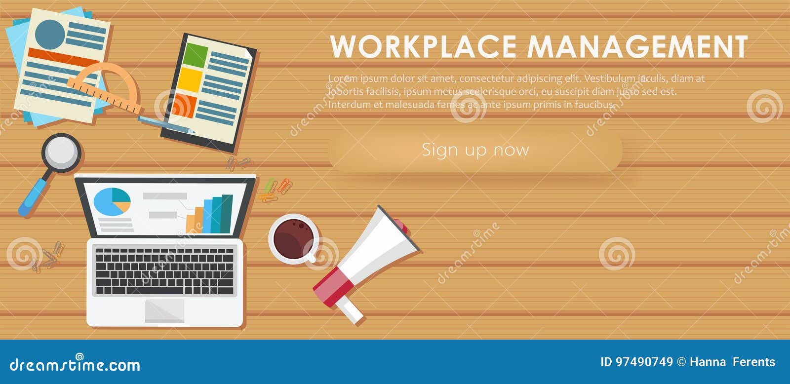Workplace Management Banner. Work Desk, Laptop, Coffee Stock Vector ...