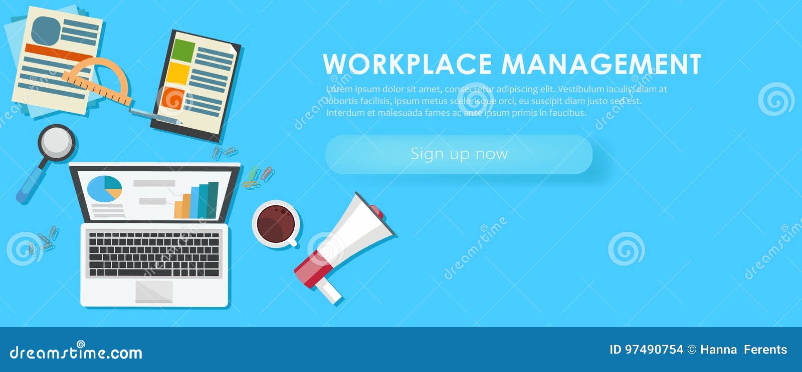 Workplace Management Banner. Work Desk, Laptop, Coffee Stock Vector ...
