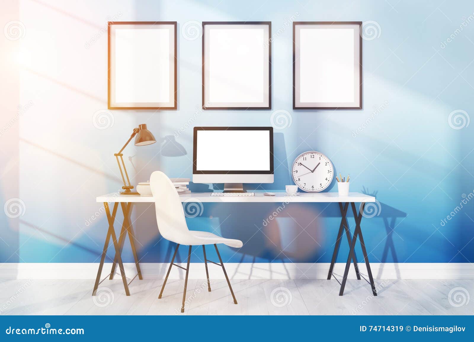 Workplace with Modern Computer and Posters Stock Illustration ...