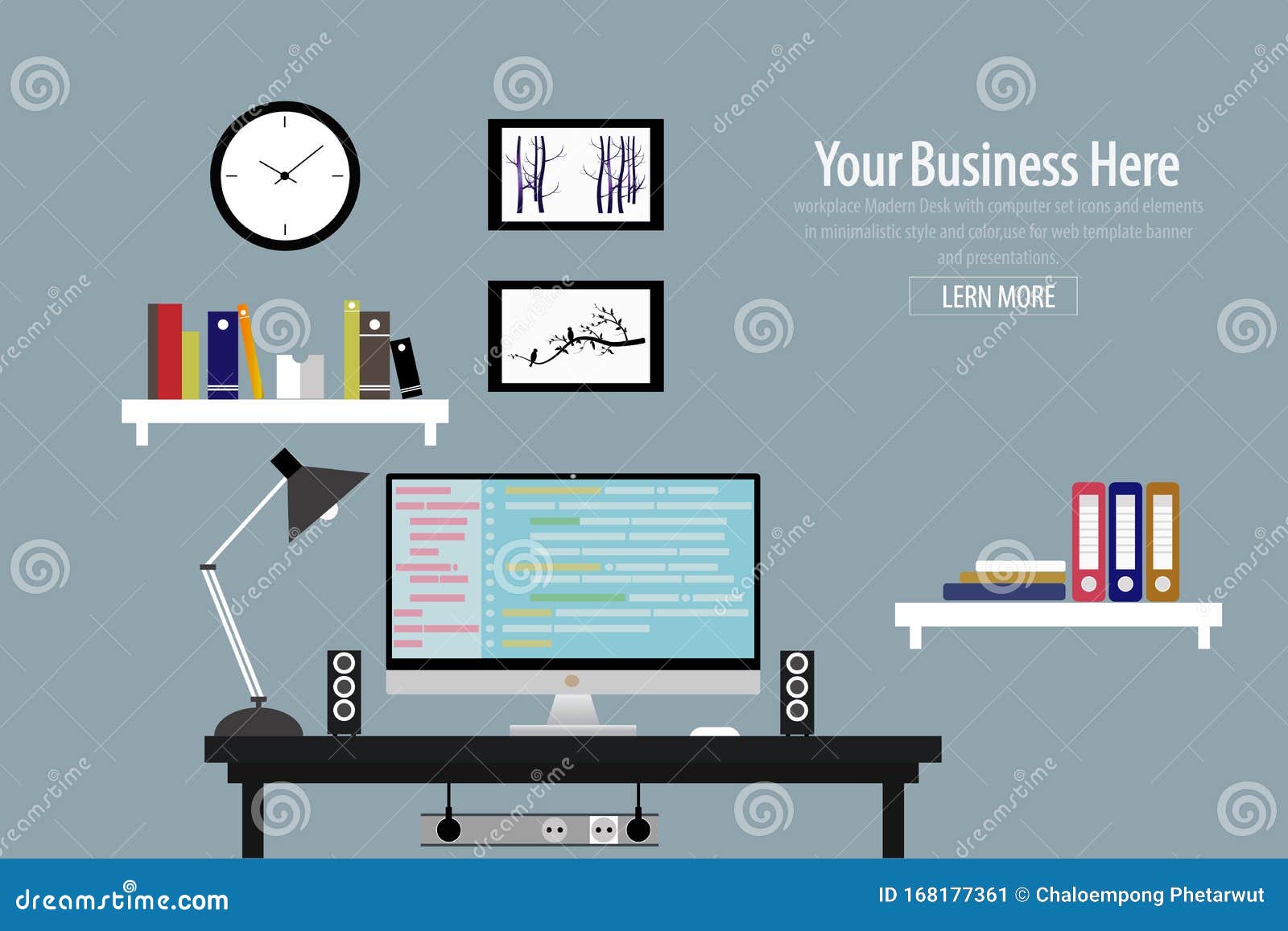 Workplace Modern Desk with Computer Set Icons and Elements in ...