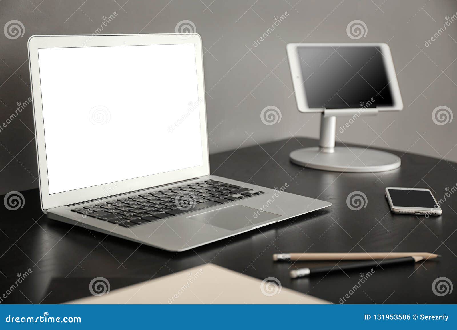 Workplace with Modern Devices on Table in Office Stock Photo - Image of ...
