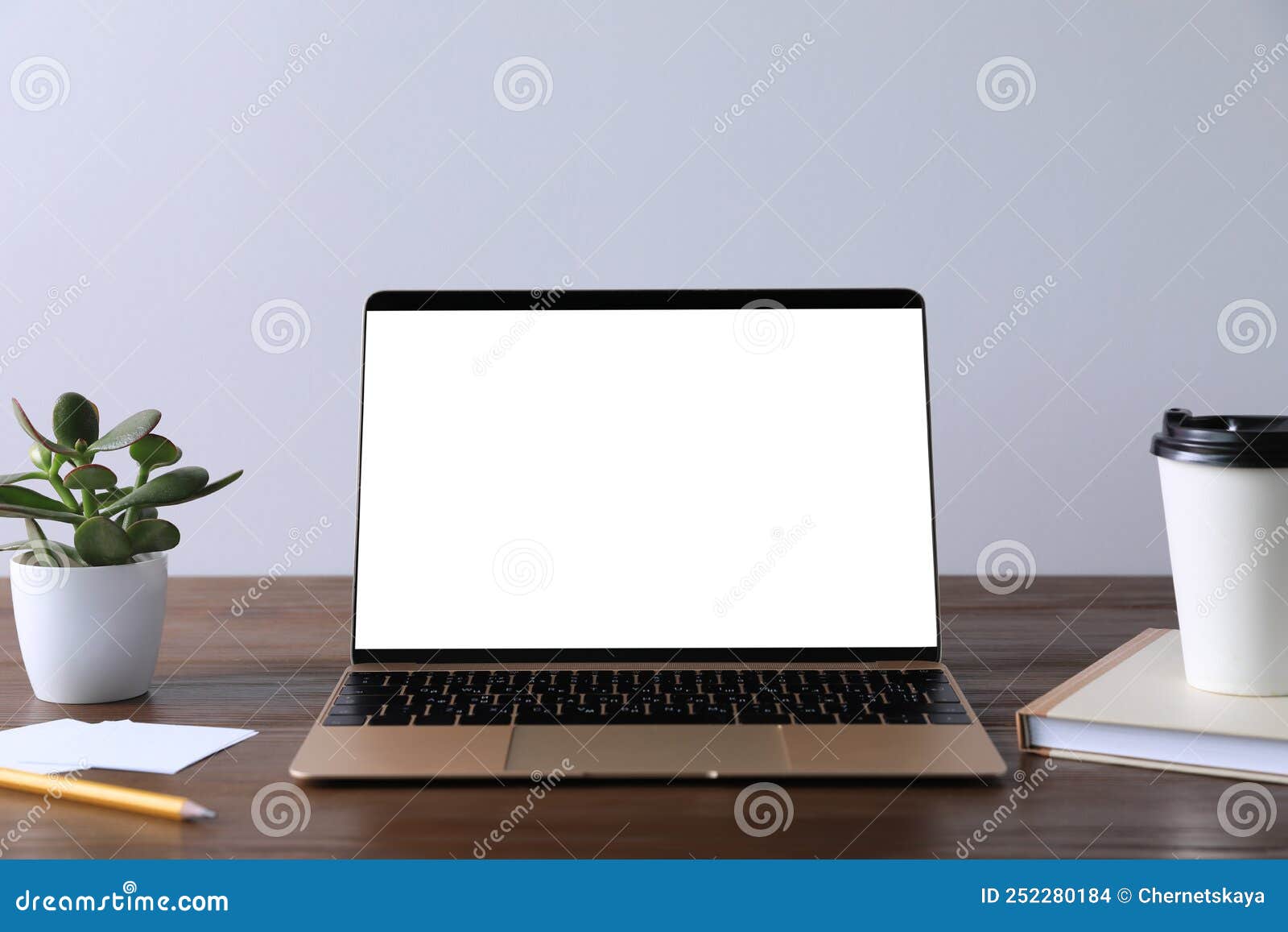 Workplace with Modern Laptop on Wooden Table. Mockup for Design Stock ...