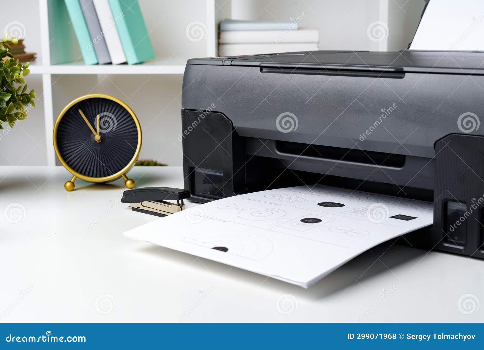 Workplace with Modern Printer and Clock in the Office Stock Photo ...