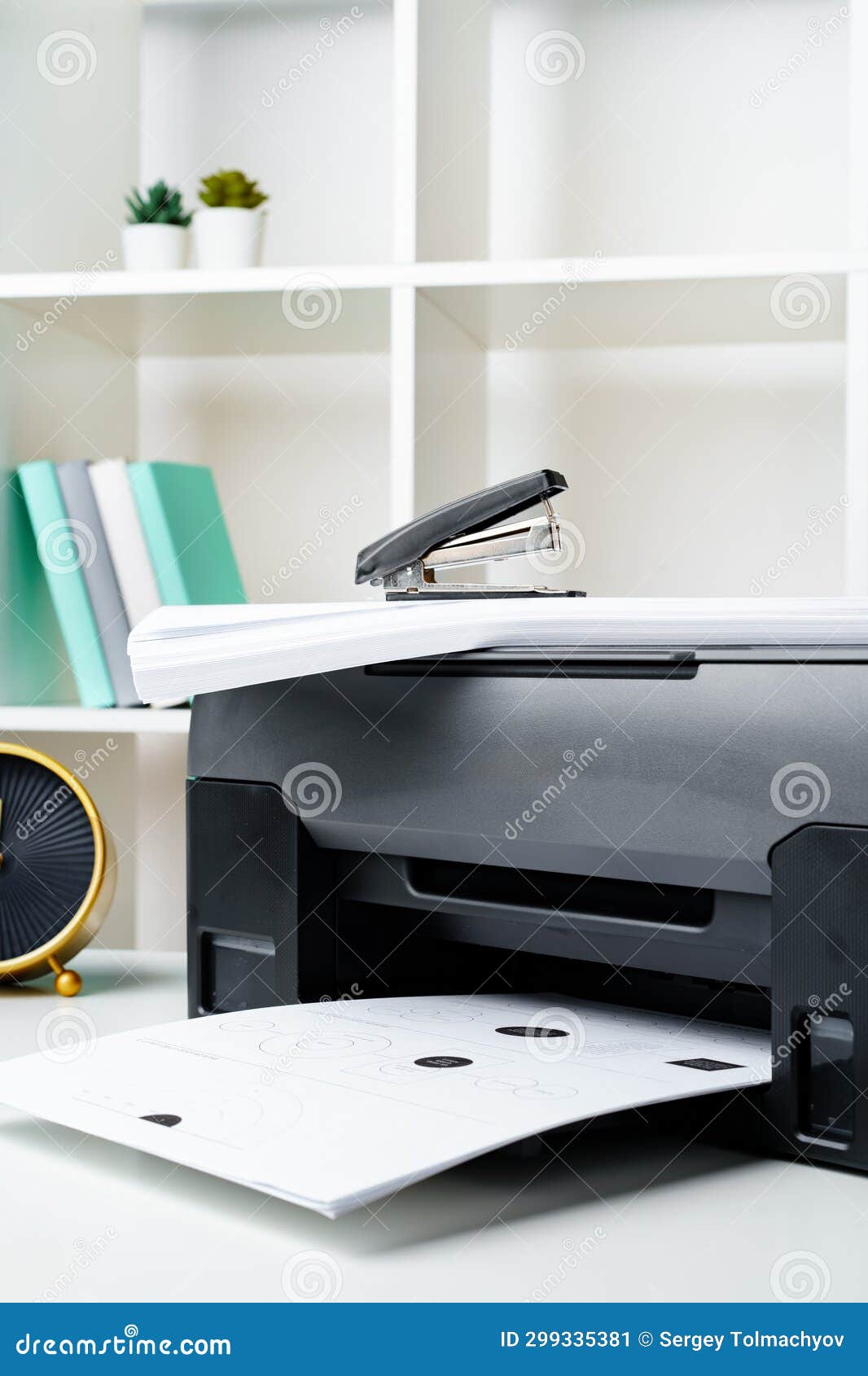 Workplace with Modern Printer and Clock in the Office Stock Image ...