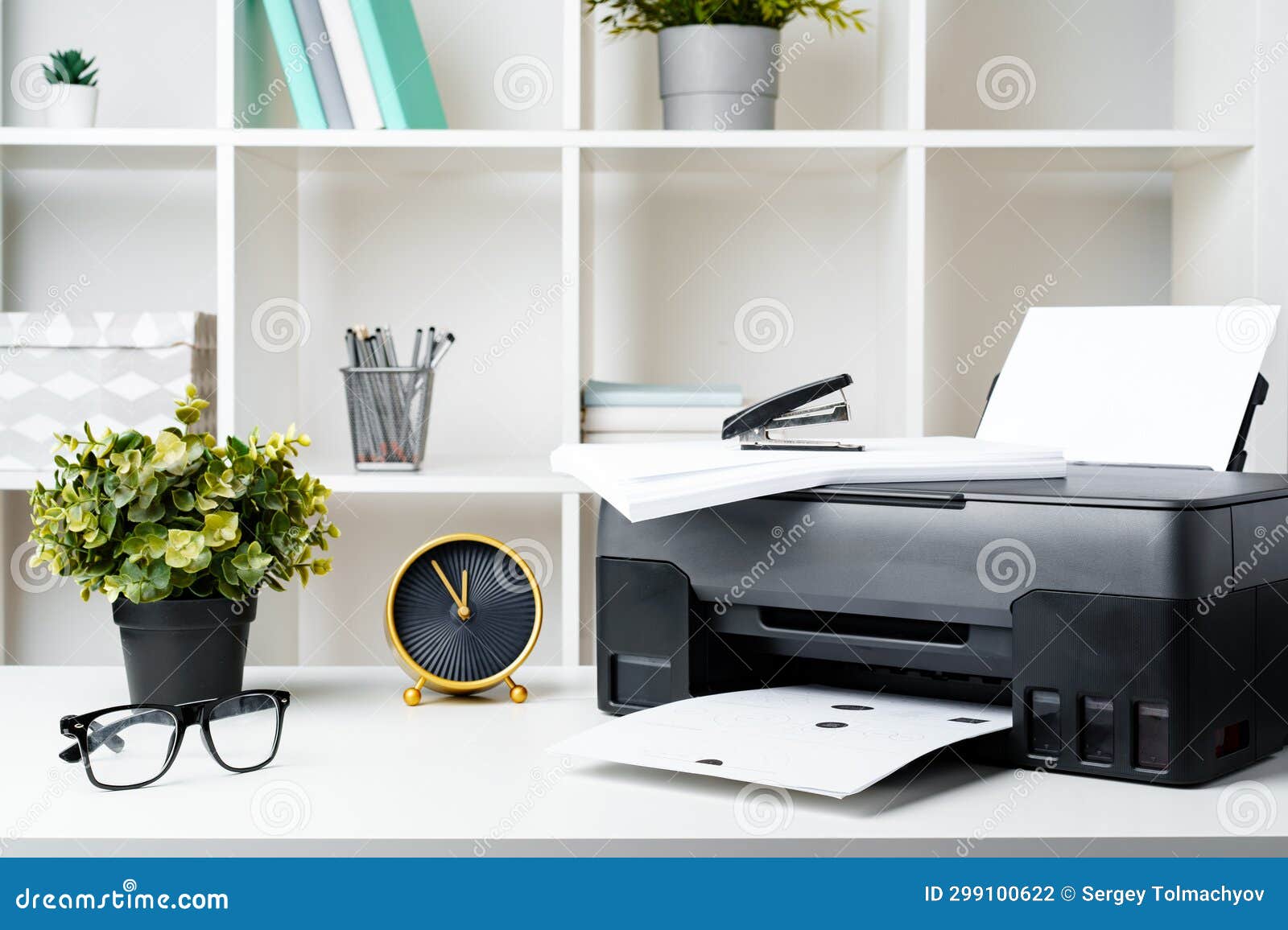 Workplace with Modern Printer and Clock in the Office Stock Photo ...