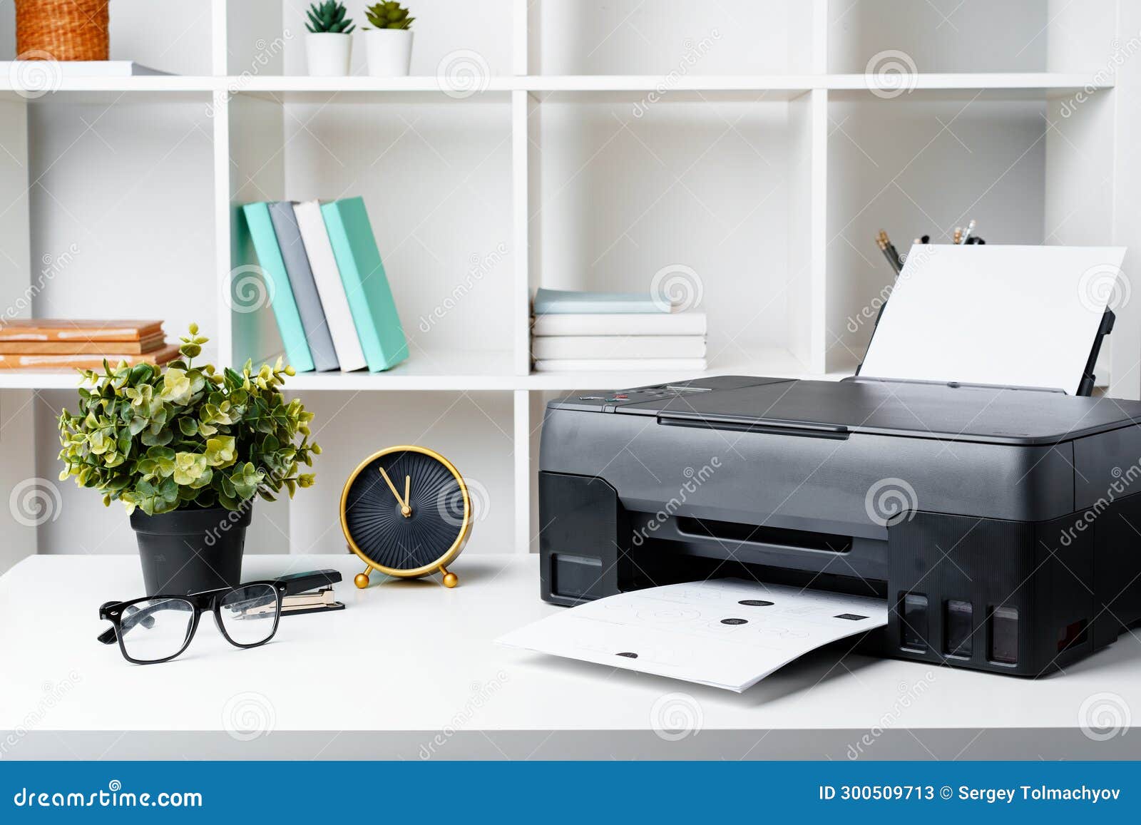 Workplace with Modern Printer and Clock in the Office Stock Image ...