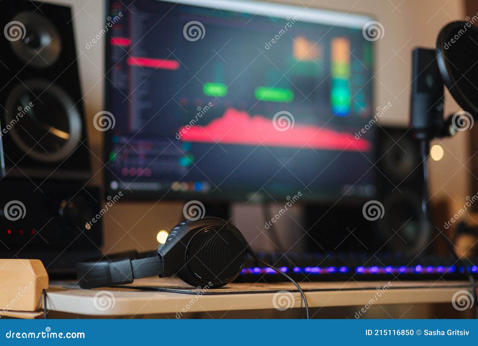 Workplace of Musician at Home. Table with Pc, Microphone and Headphones ...