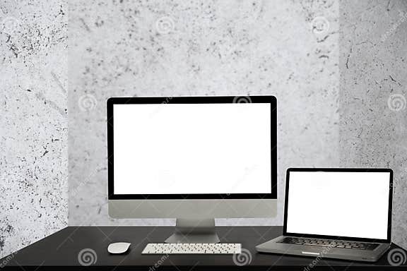 Workplace with Notebook Laptop and Blank Screen Desktop Computer Work ...