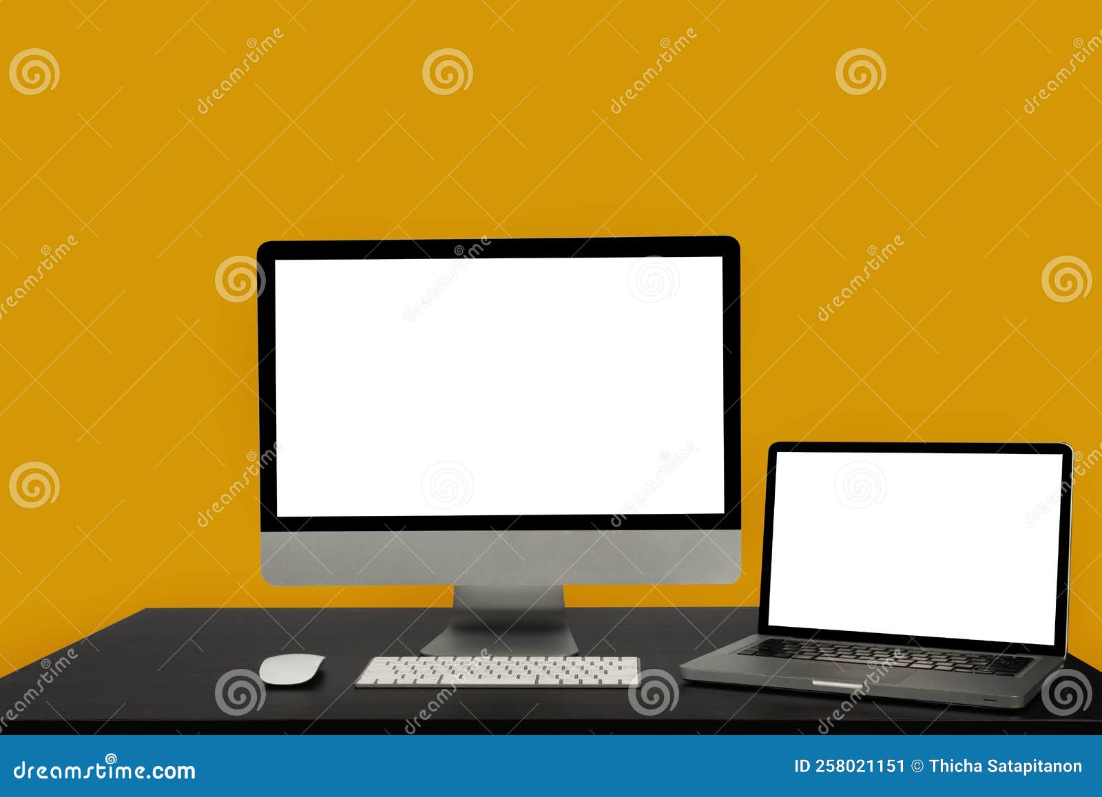 Workplace with Notebook Laptop and Blank Screen Desktop Computer Work ...