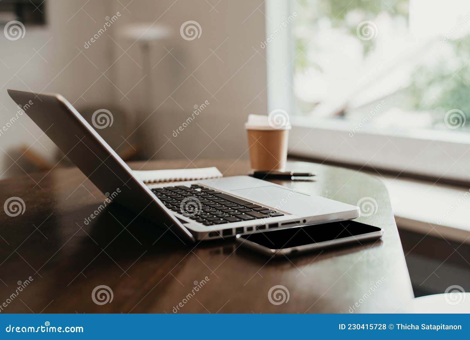 Workplace with Notebook Laptop and Coffee Cup Comfortable Work Table in ...