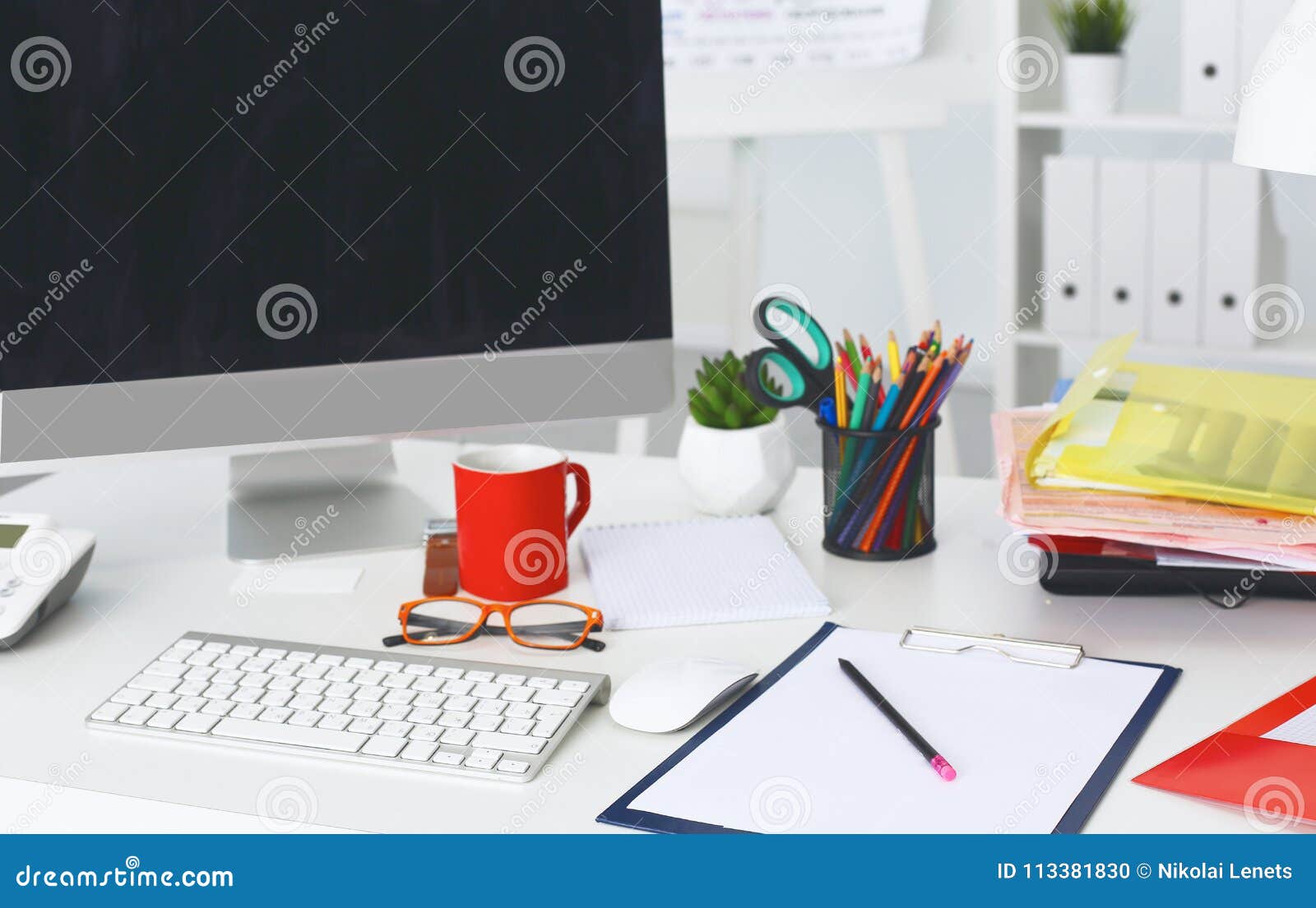 Workplace with Notebook Laptop Comfortable Work Table in Office Windows ...