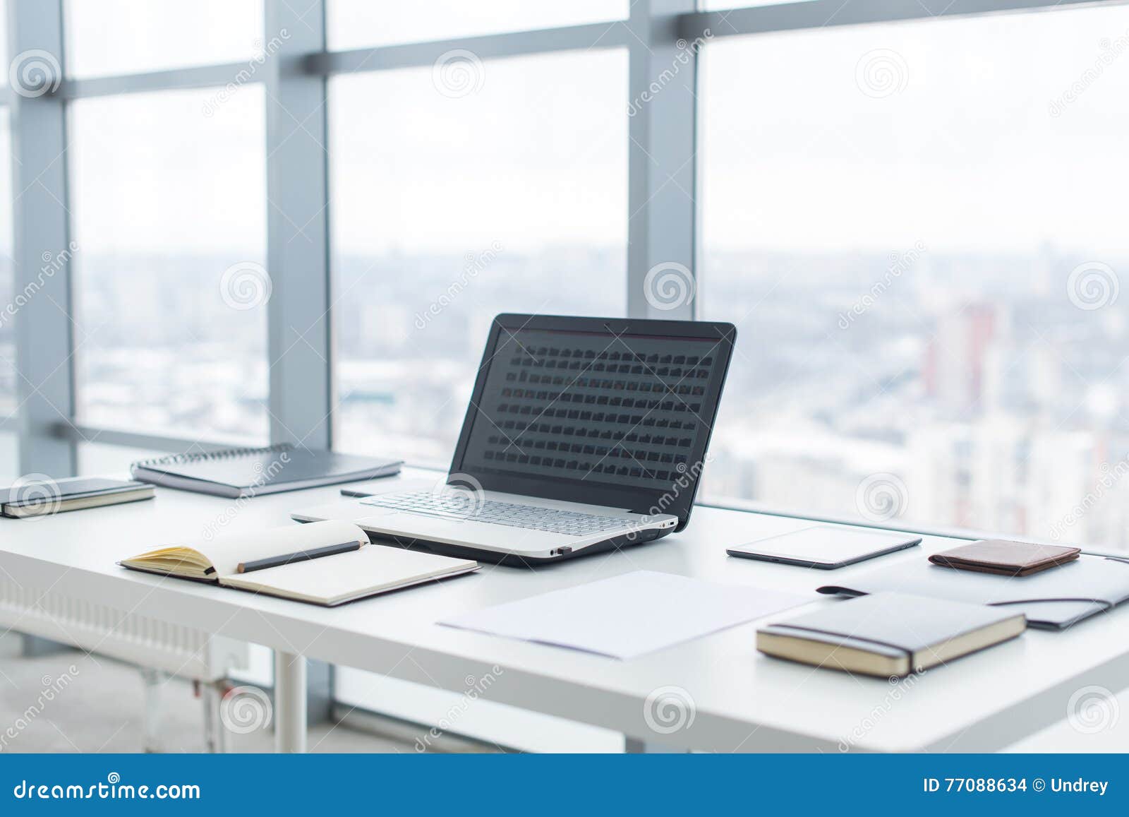 Workplace with Notebook Laptop Comfortable Work Table in Office Windows ...