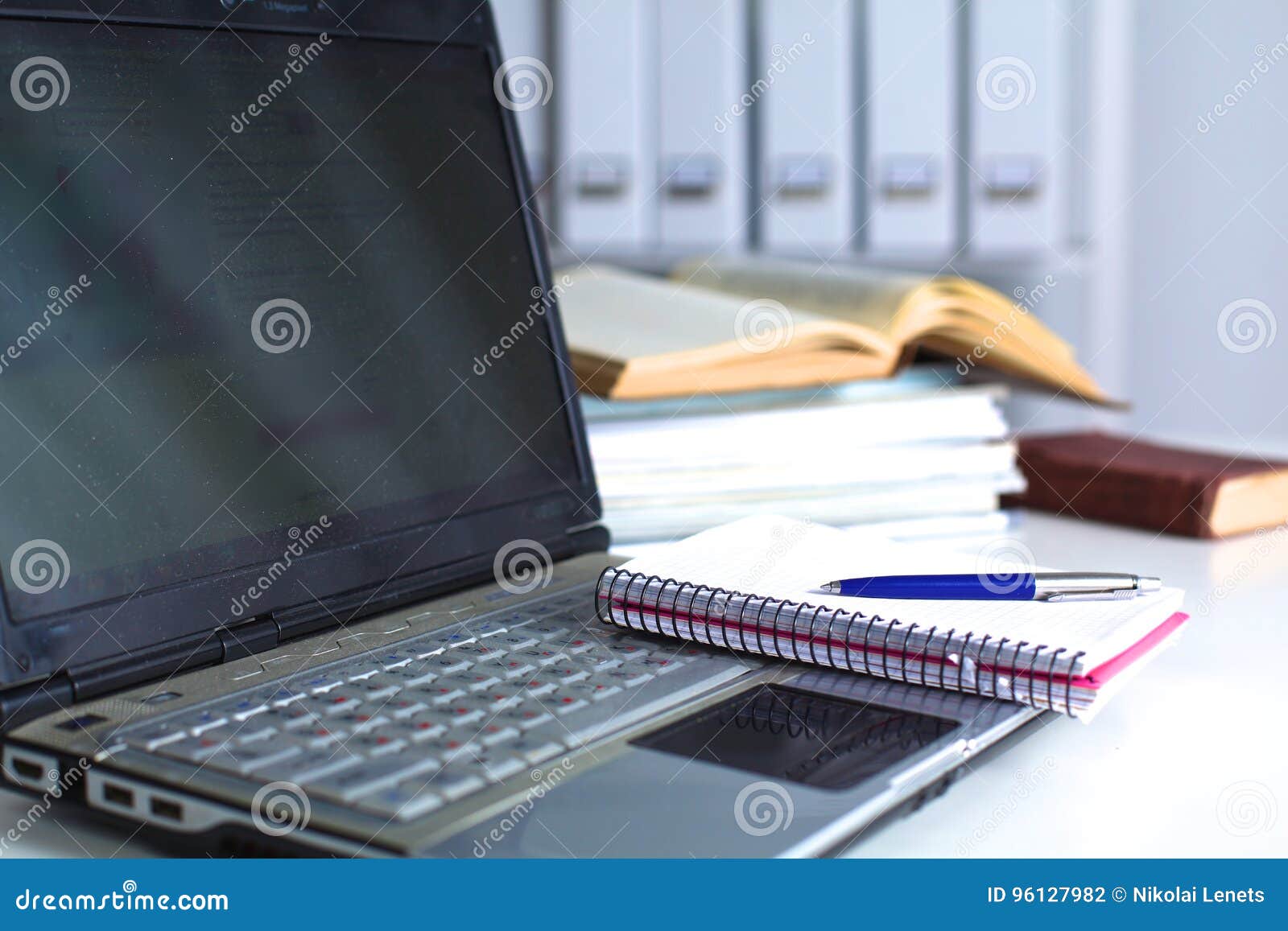 Workplace with Notebook Laptop Comfortable Work Table in Office Windows ...