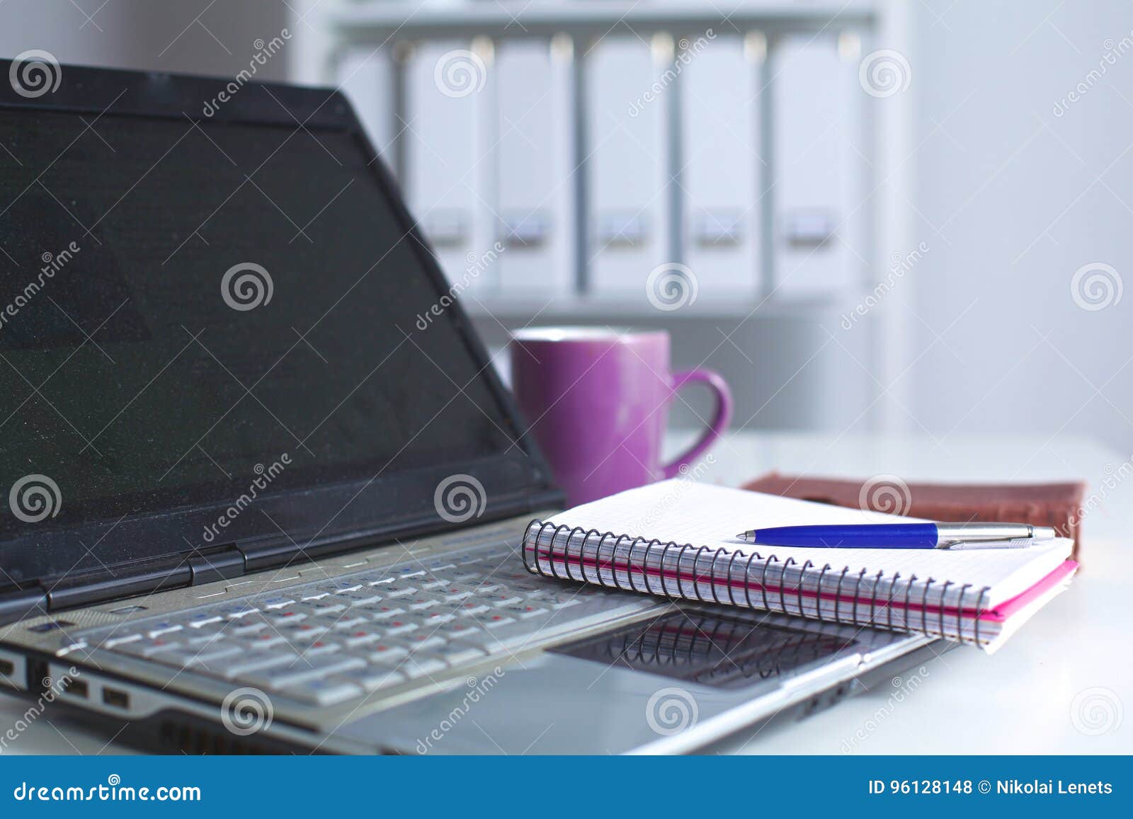 Workplace with Notebook Laptop Comfortable Work Table in Office Windows ...