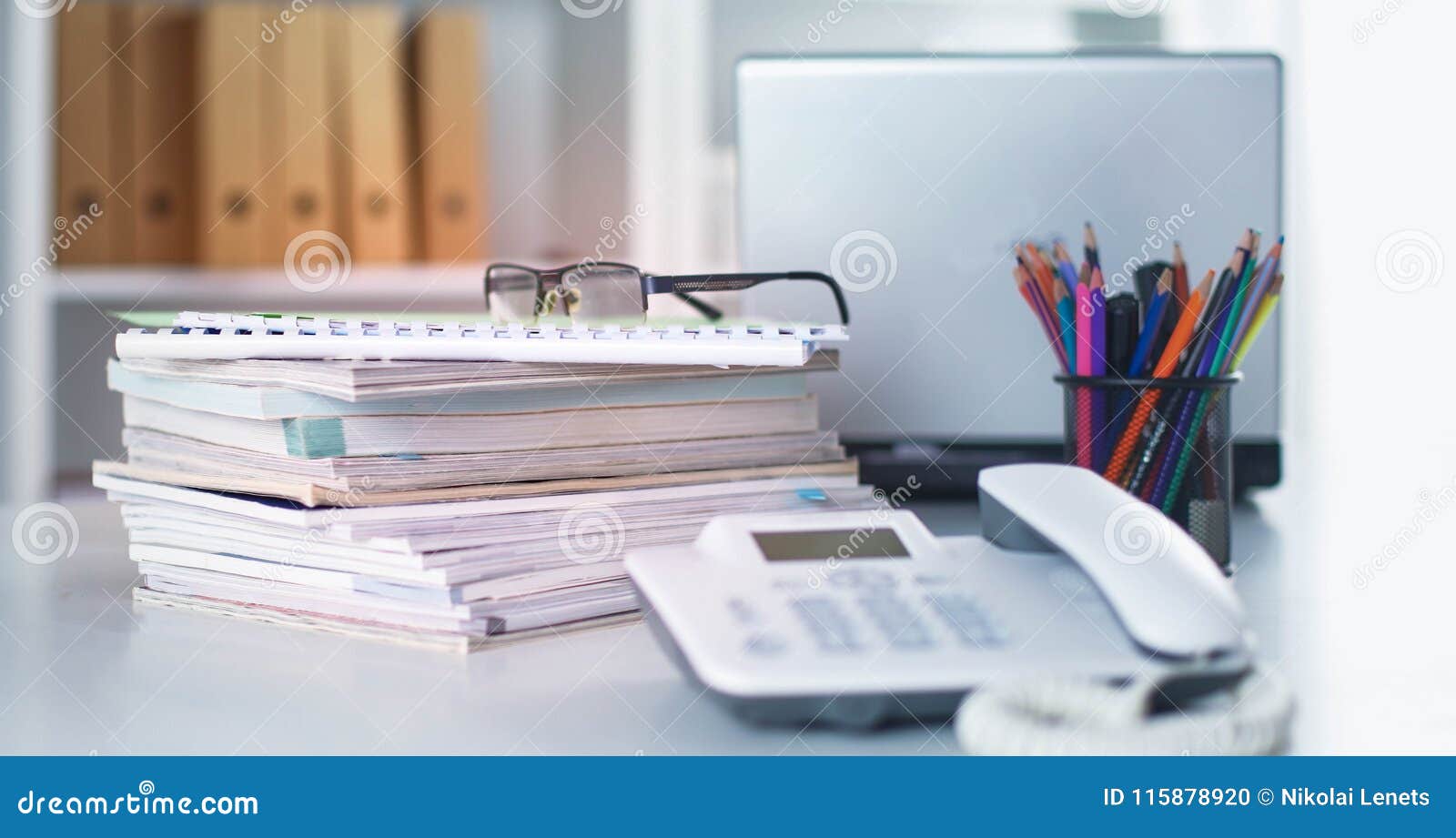 Workplace with Notebook Laptop Comfortable Work Table in Office Stock ...