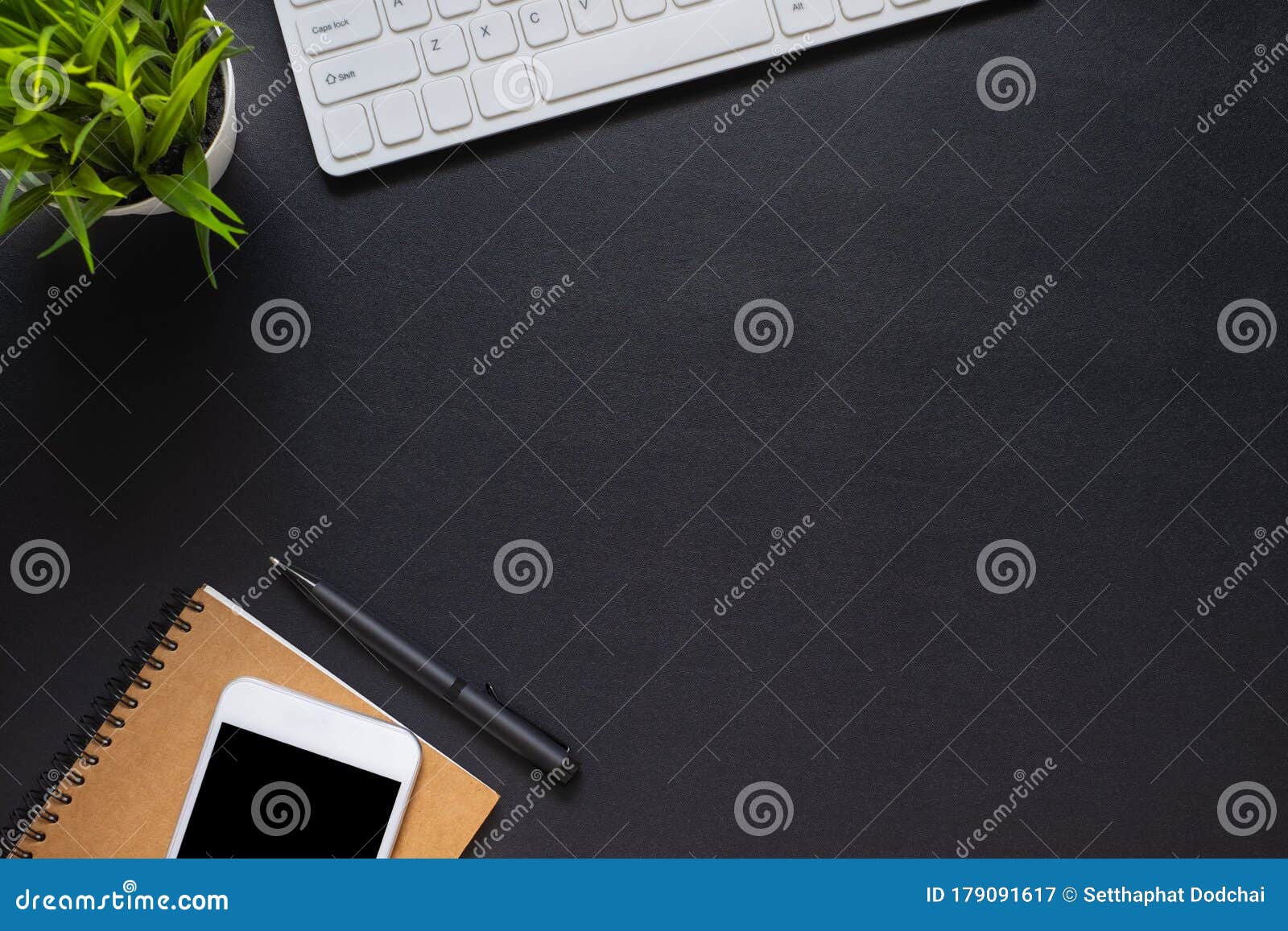 Workplace in Office with Black Desk. Top View from Above of Keyboard ...