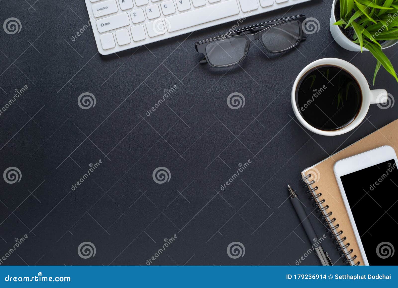 Workplace in Office with Black Desk. Top View from Above of Keyboard ...