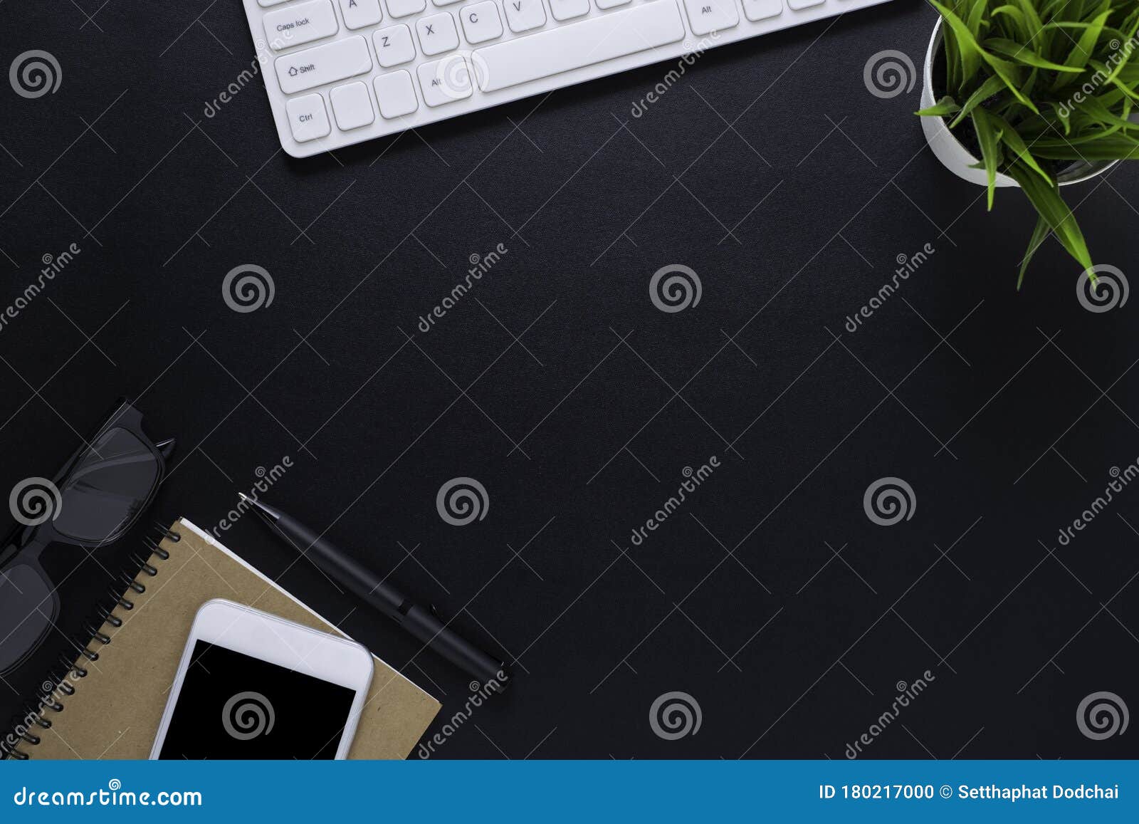 Workplace in Office with Black Desk. Top View from Above of Keyboard ...