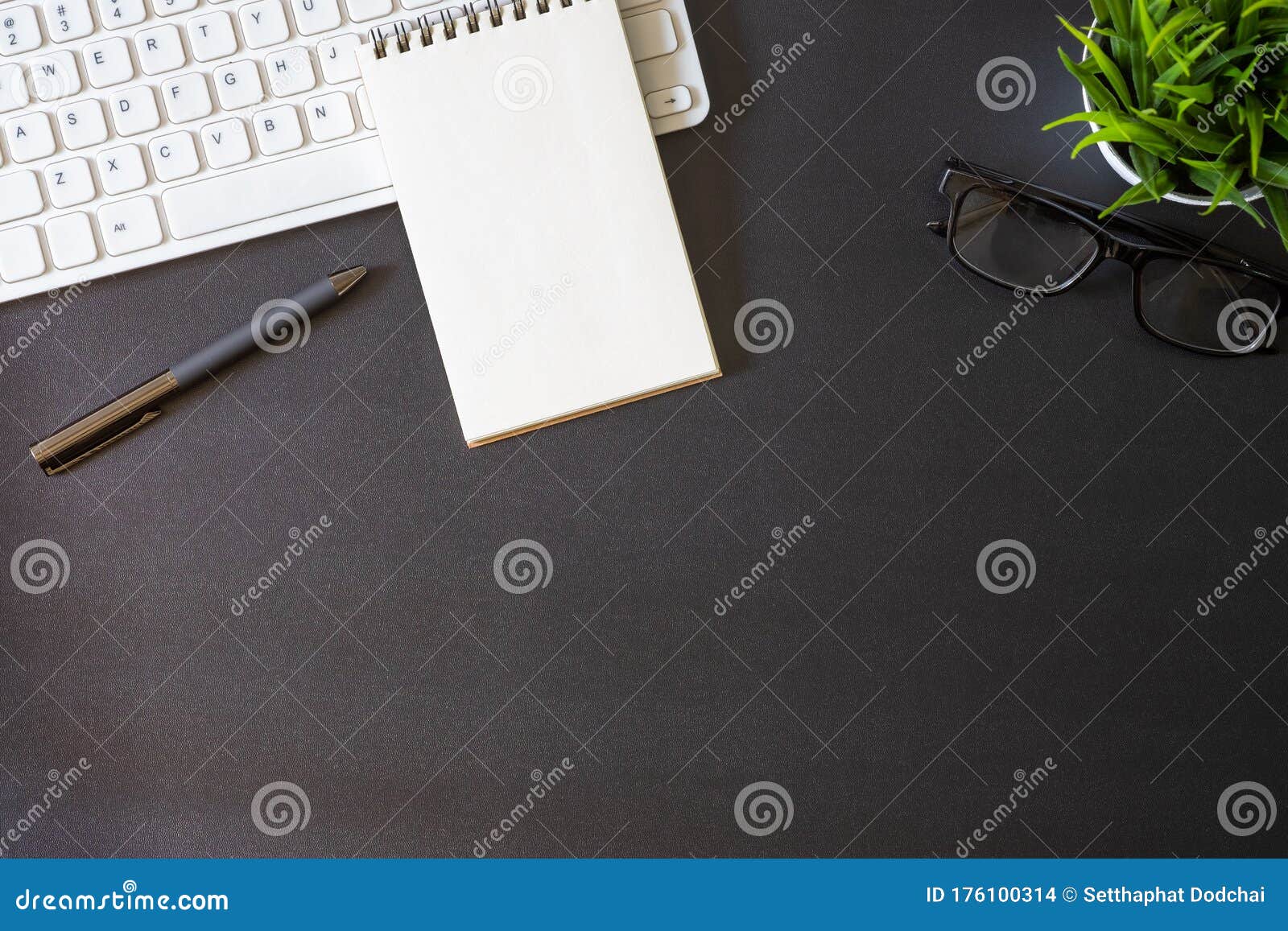 Workplace in the Office with Dark Black Desk. Top View from Above of ...