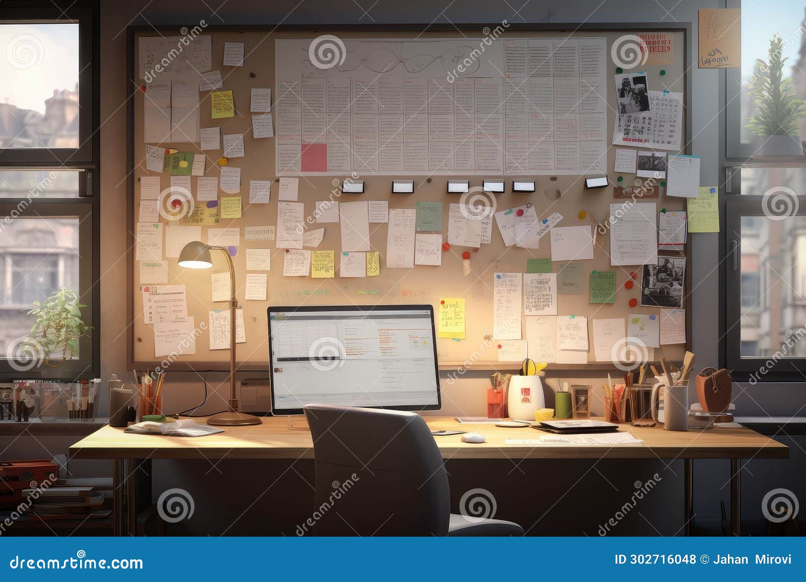 Workplace in Office with a Lot of Sticky Notes on the Wall, Office Desk ...